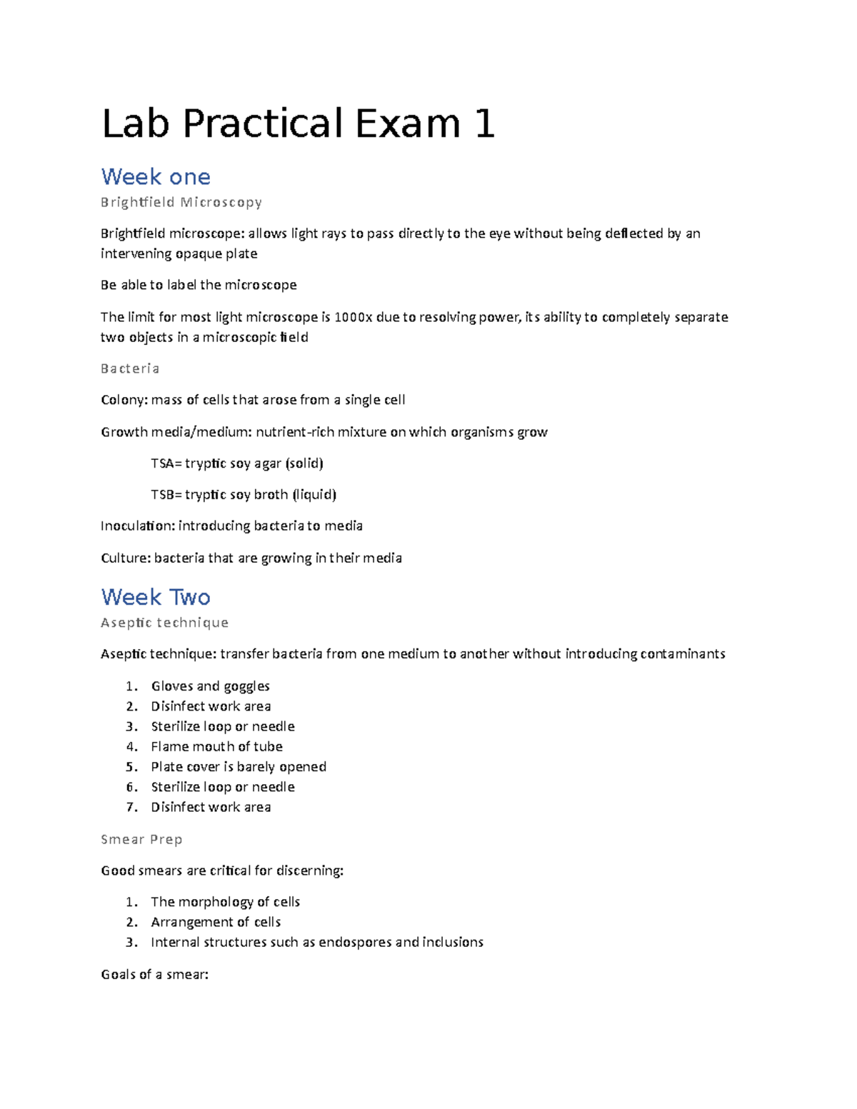 Lab Practical Exam 1 Study Guide Lab Practical Exam 1 Week One