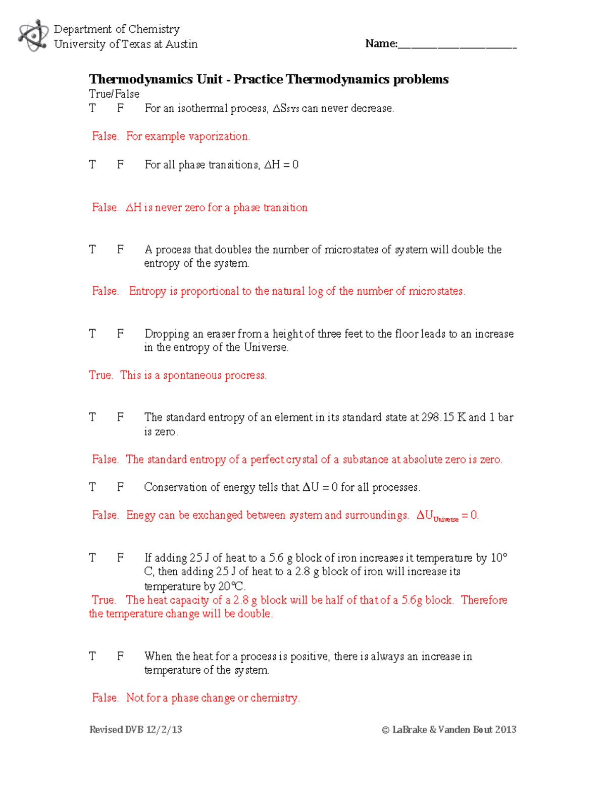 Thermodynamics Problems with answers - Name ...