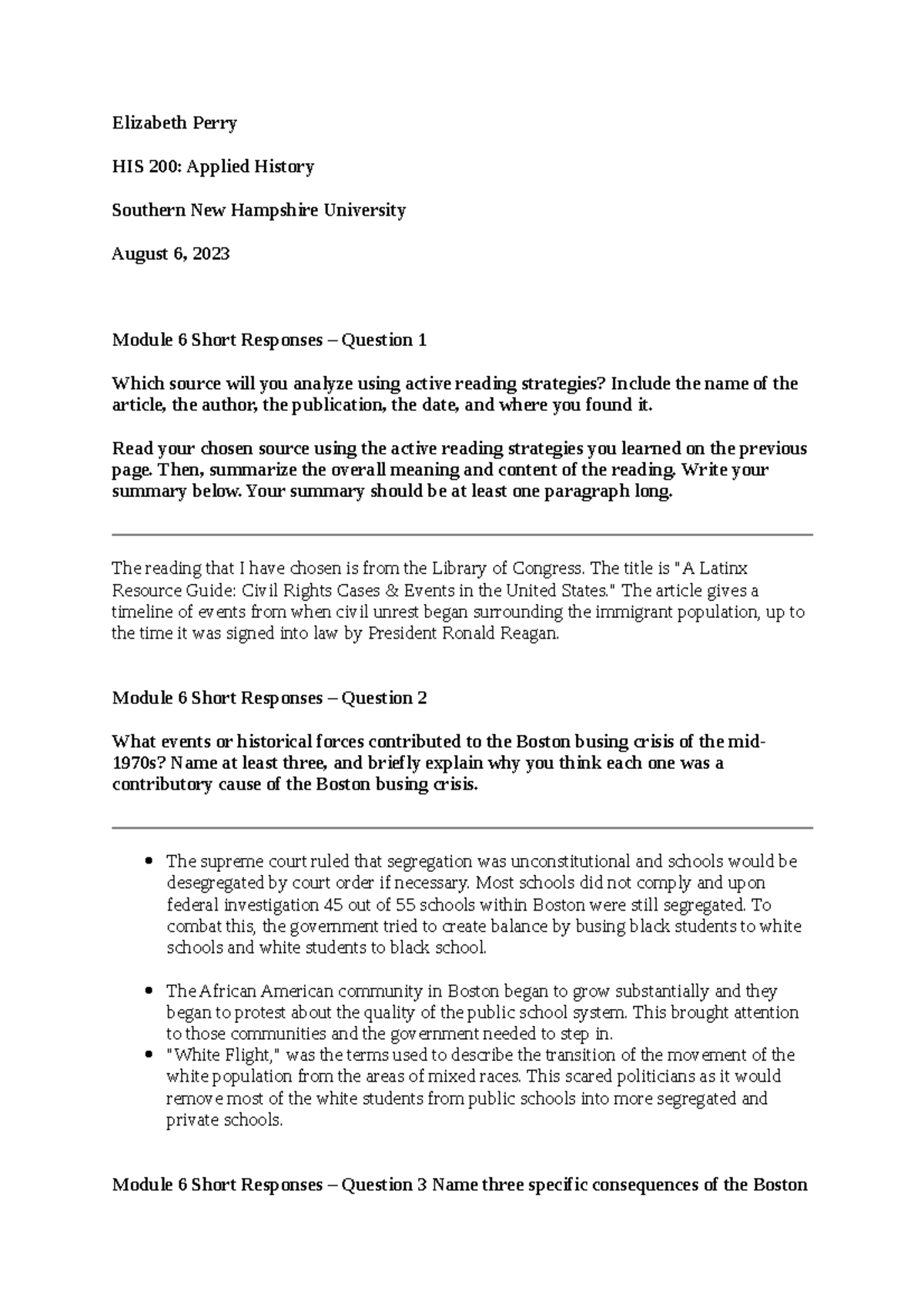 Module 6 short answers - Elizabeth Perry HIS 200: Applied History ...