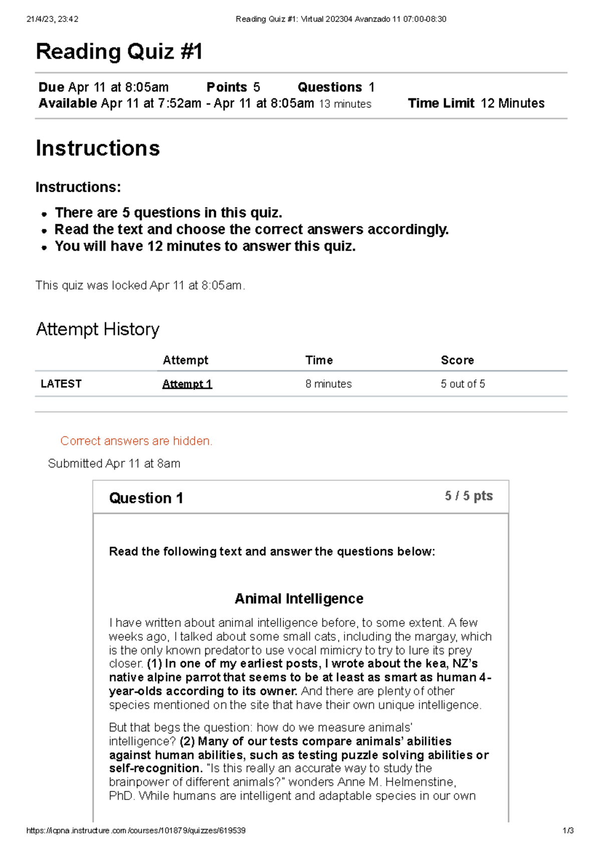 Reading Quiz #1 Virtual 202304 Avanzado 11 - 21/4/23, 23:42 Reading ...
