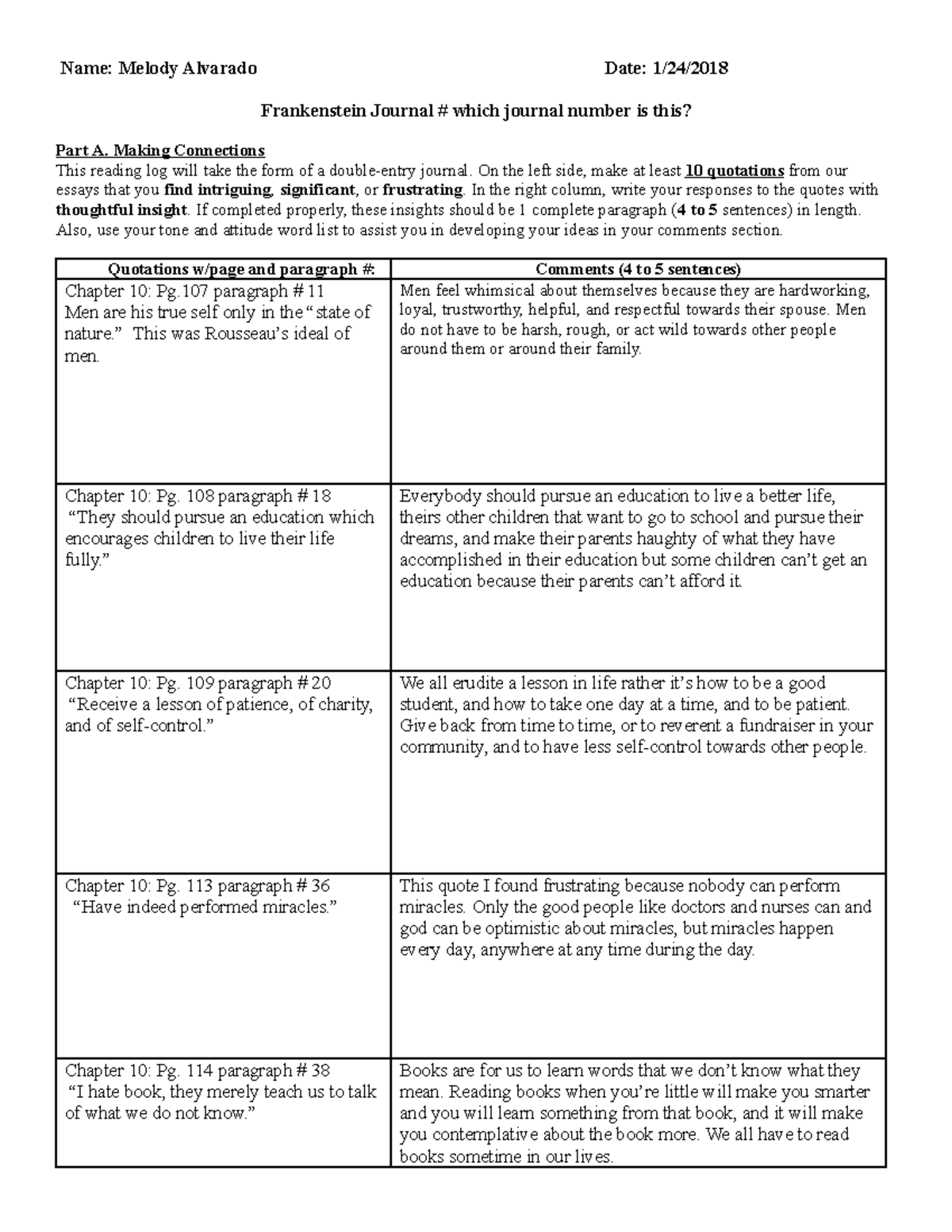 Frankenstein Journal (Spring 2018 ) - Name: Melody Alvarado Date: 1/24 ...