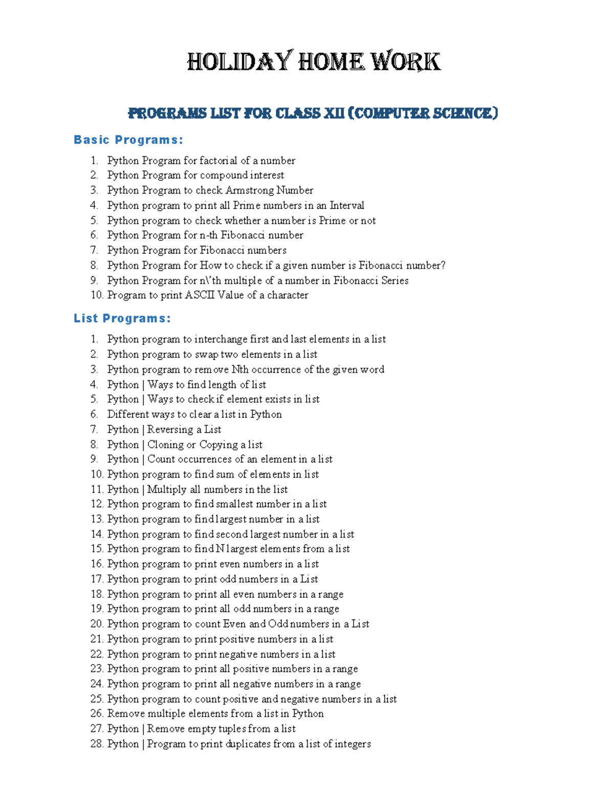 CS HHW - Practice questions for basics of python - HOLIDAY HOME WORK PROgRAMs LIst fOR CLAss XII ...