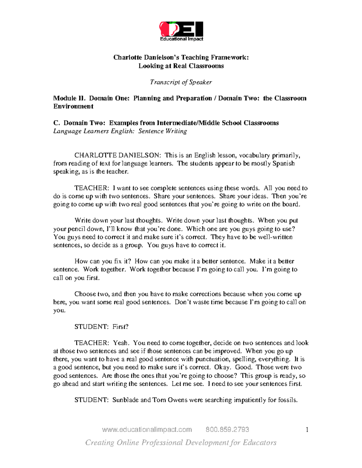 Charlotte 2c transcript - Charlotte Danielson’s Teaching Framework ...