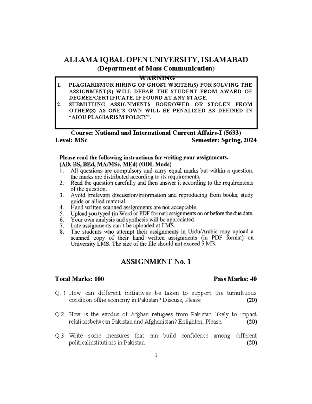 5633 - Assignments - ALLAMA IQBAL OPEN UNIVERSITY, ISLAMABAD (Department of Mass Communication ...