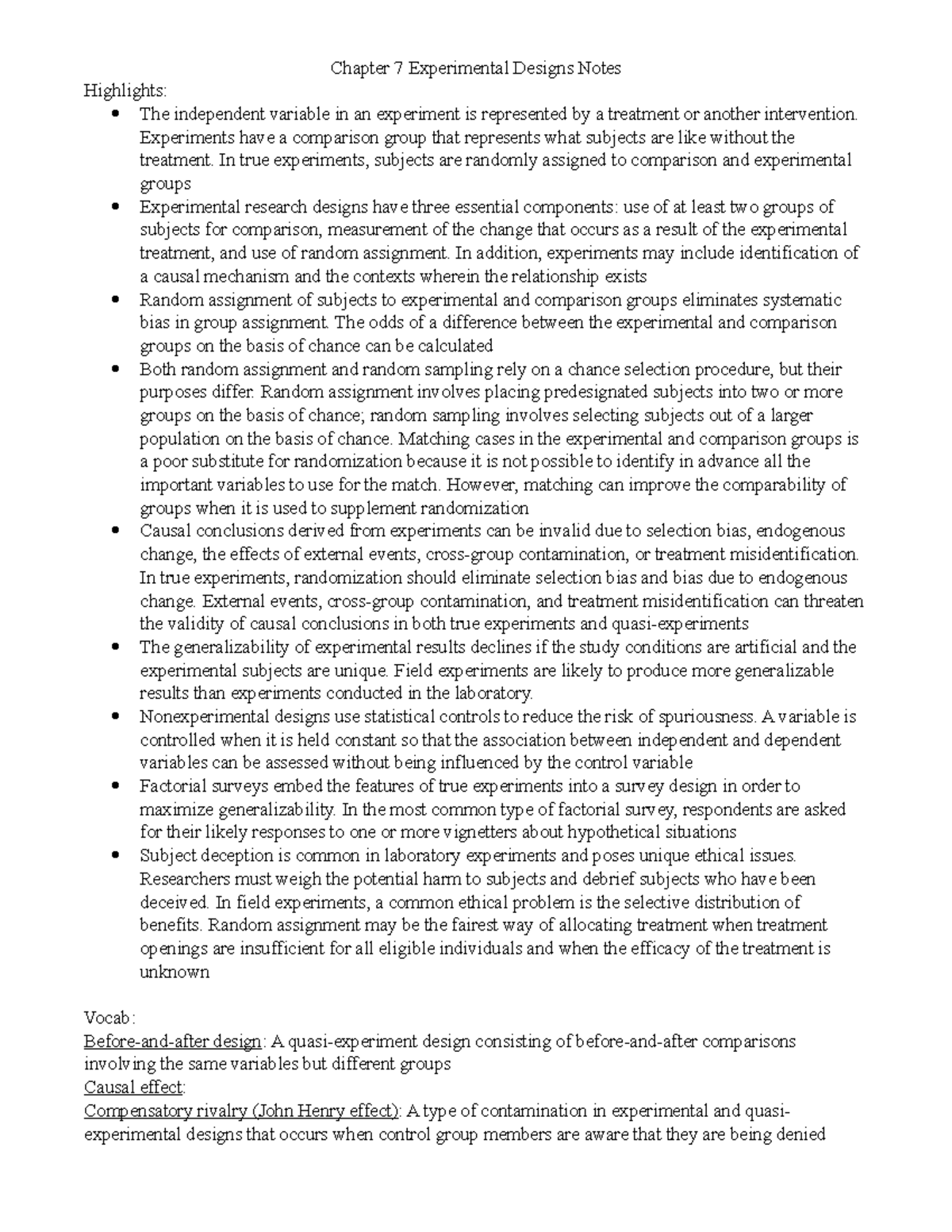 Chapter 7 Experimental Designs Notes - Experiments have a comparison ...