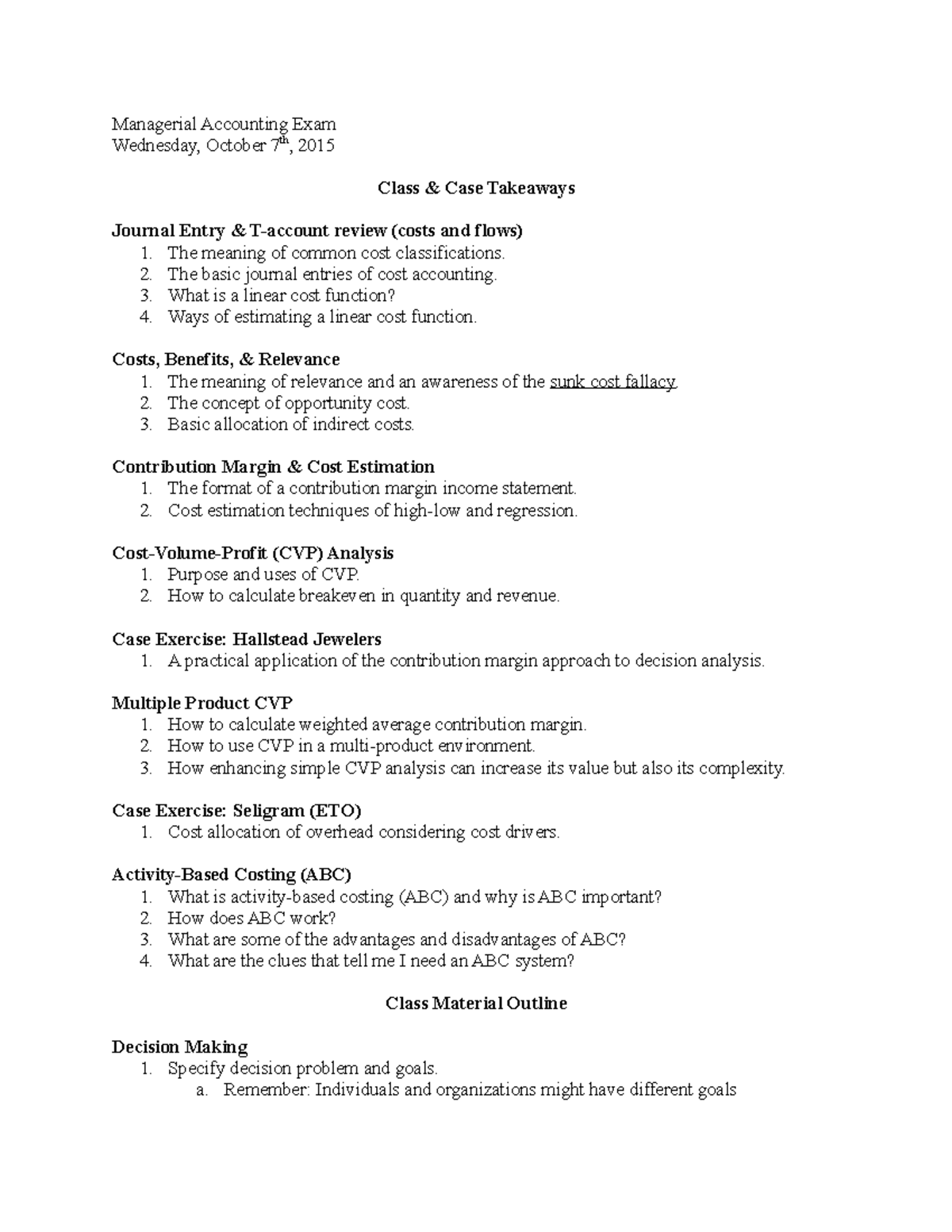 Managerial Accounting Study Guide and course outline - Managerial ...