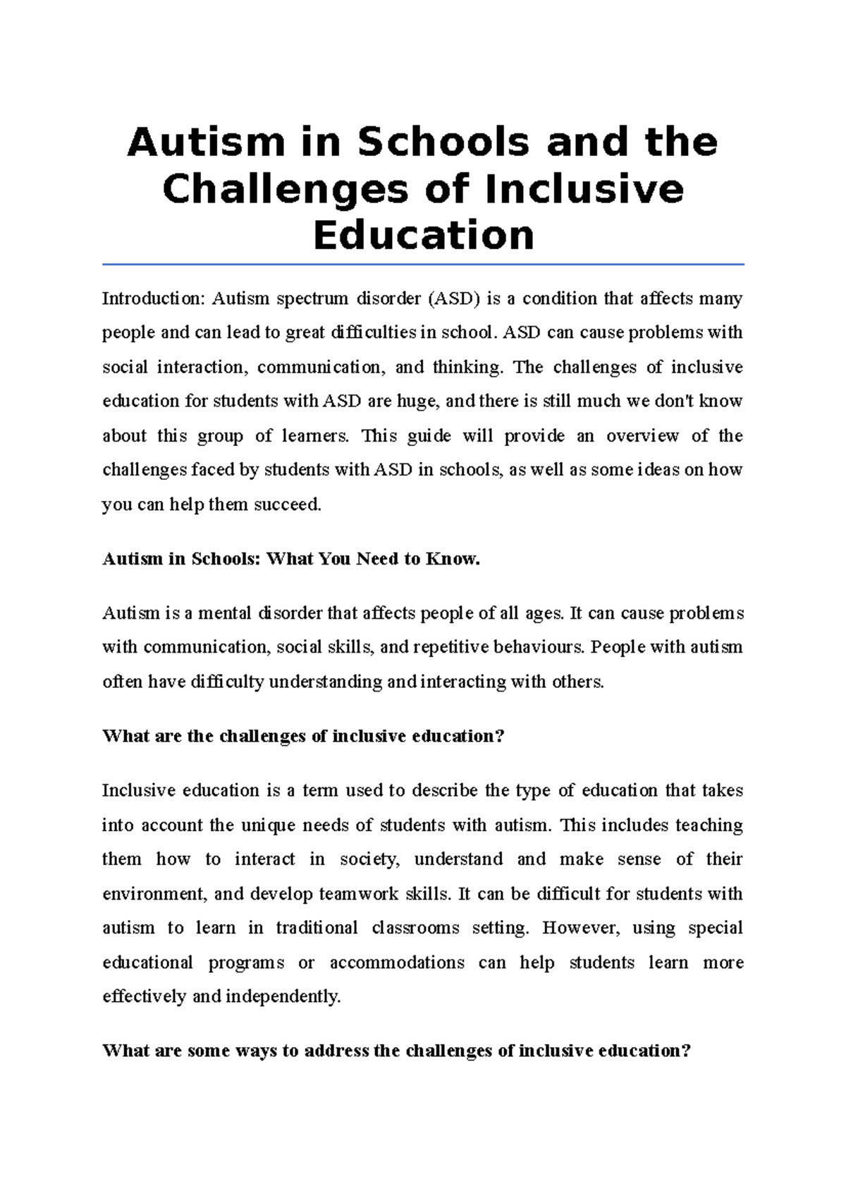 Autism in Schools and the Challenges of Inclusive Education - Autism in ...