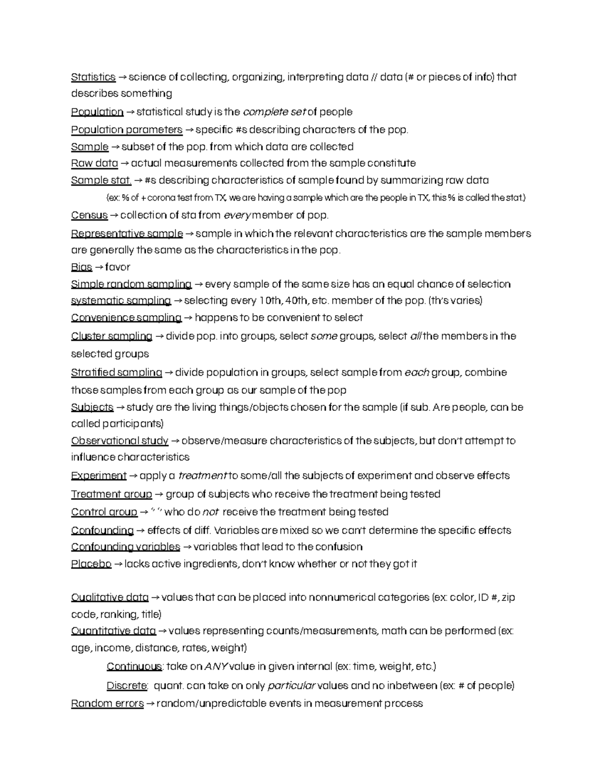 Chapter 1-4 Notes for Exam - Statistics → science of collecting ...