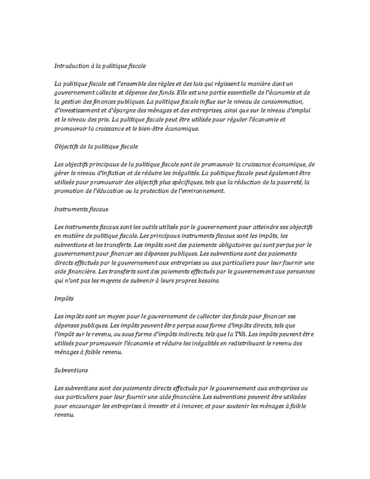 Fiscal Policy note study - Introduction à la politique fiscale La ...