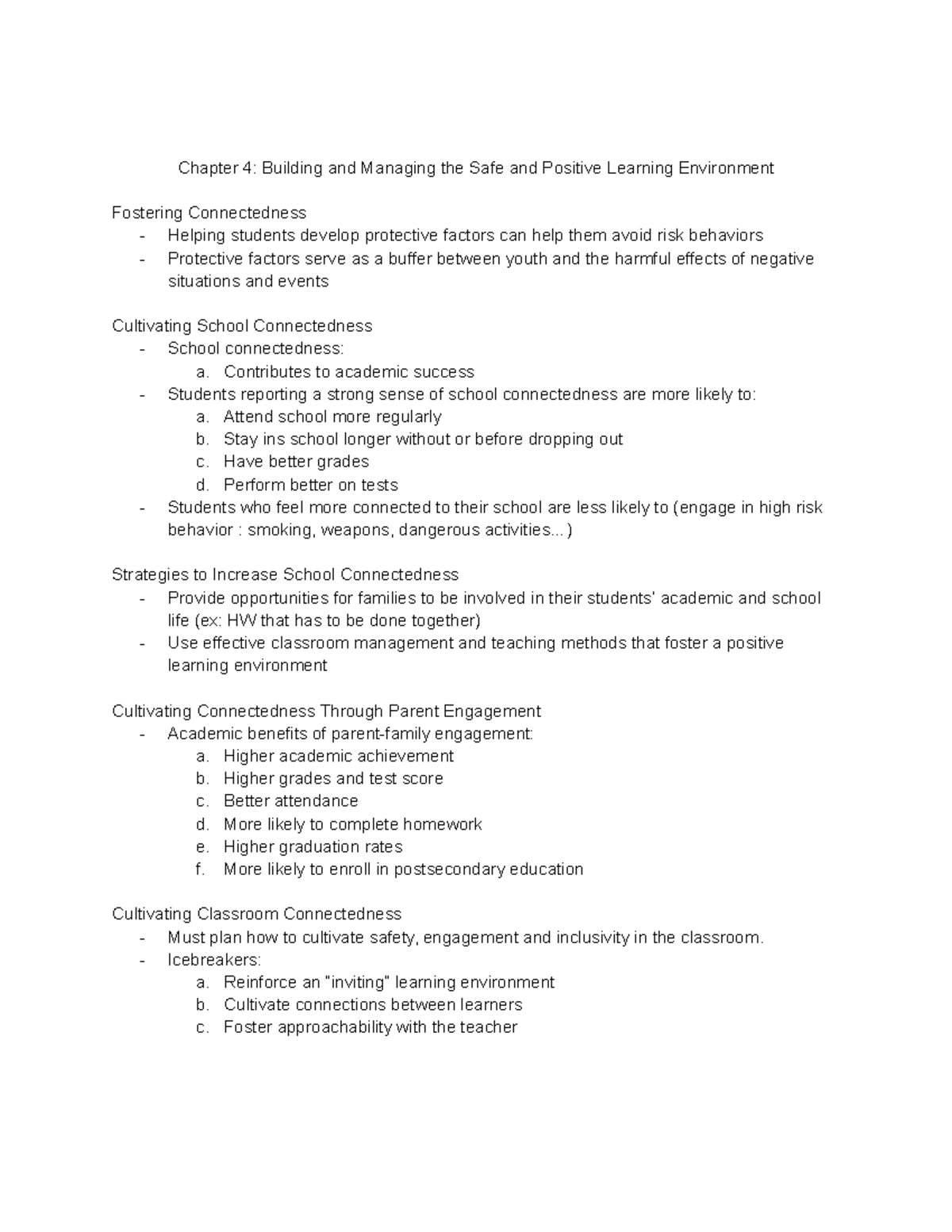 H SC CH. 4 Notes - Building and managing a safe classroom learning ...