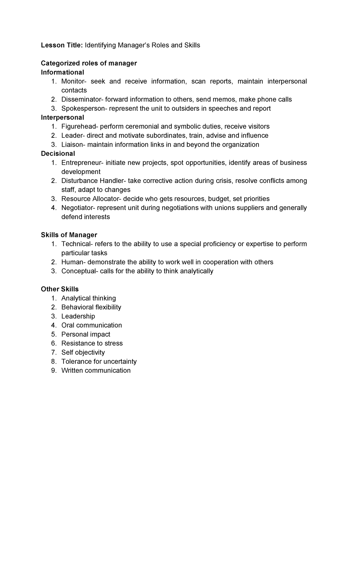 Identifying Manager’s Roles and Skills - Lesson Title: Identifying ...