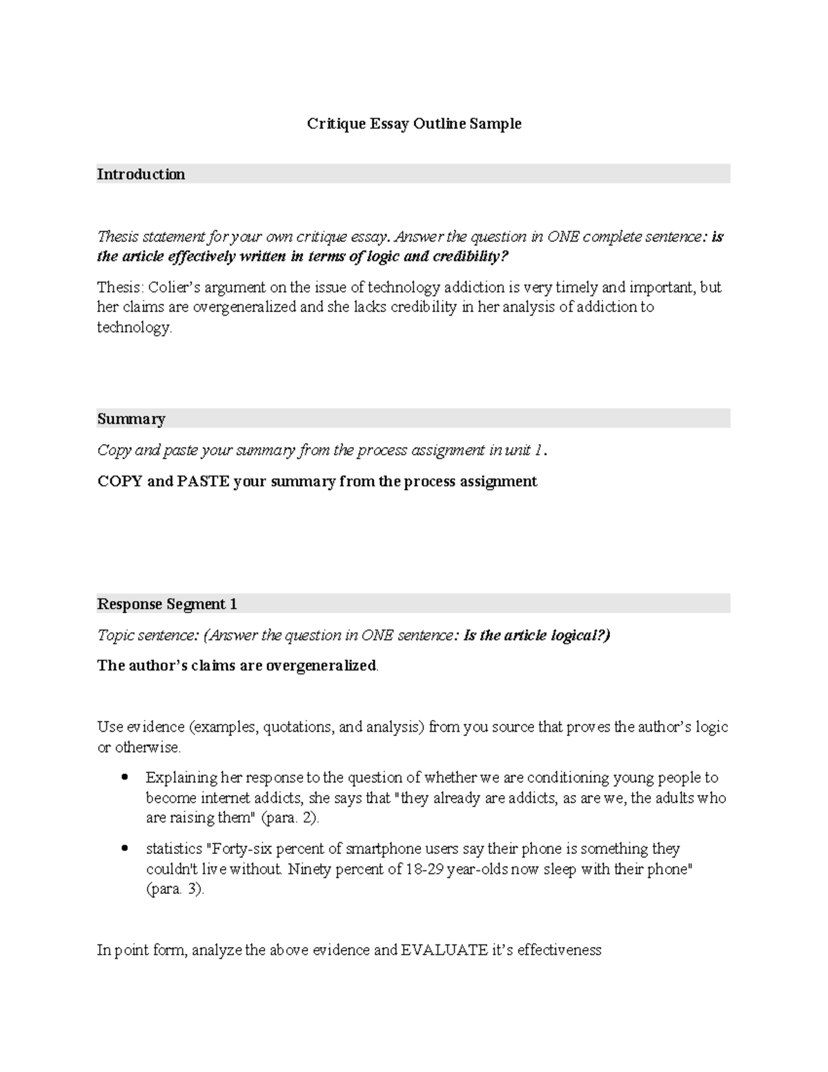 Critique Essay Outline Sample - Critique Essay Outline Sample ...