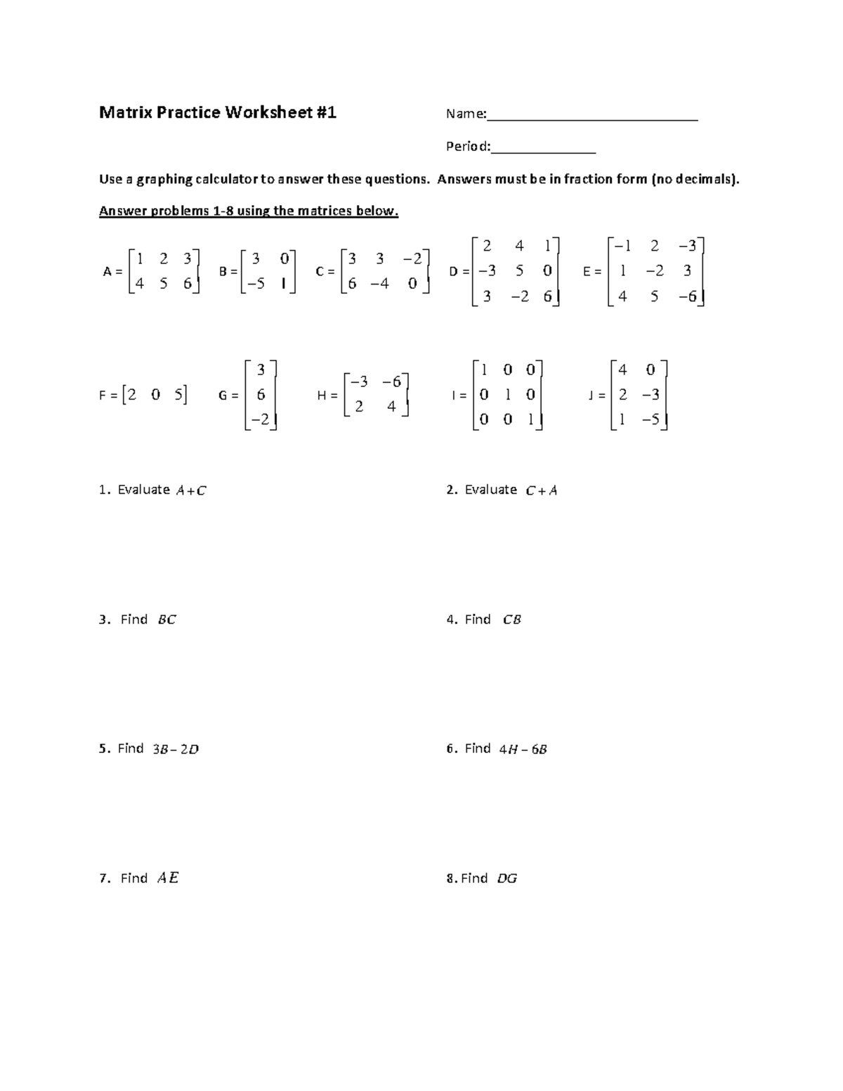 Matrix Practice WS1 - wertyuiokjhgfcvgbhnjm - Matrix Practice Worksheet ...