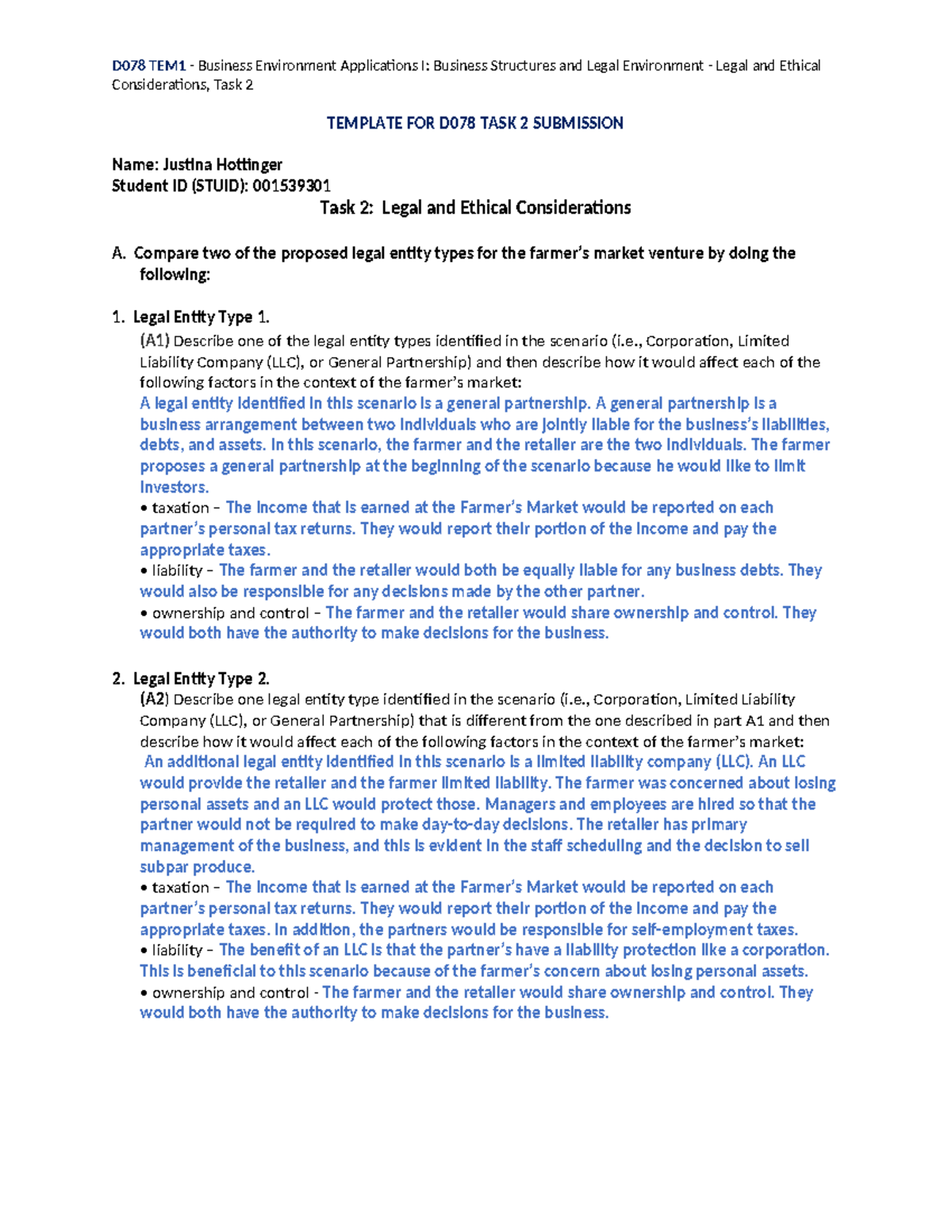 D078 Task 2 Template - D078 TEM1 - Business Environment Applications I ...