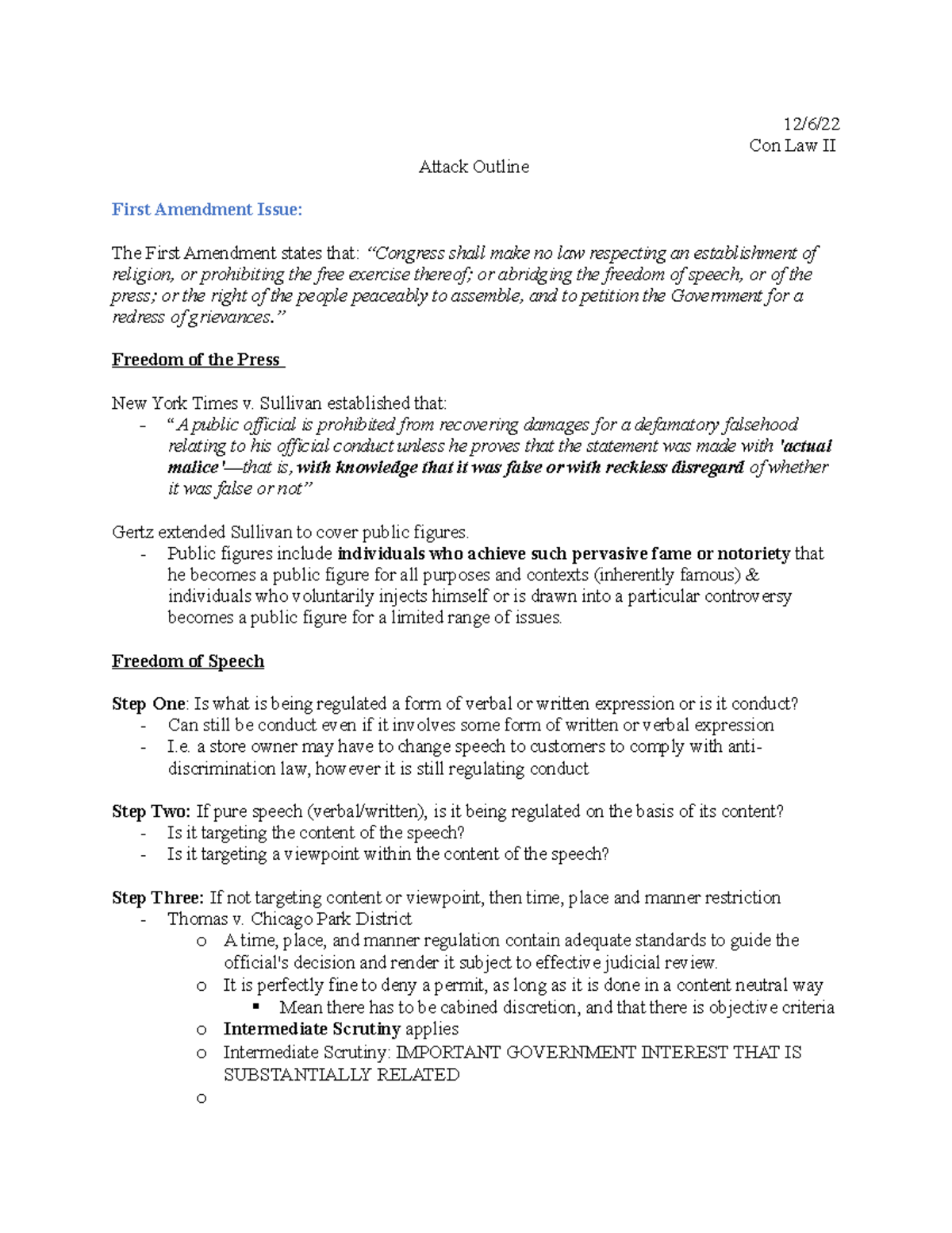 Con Law attack outline - The Constitution of the United States - 12/6 ...