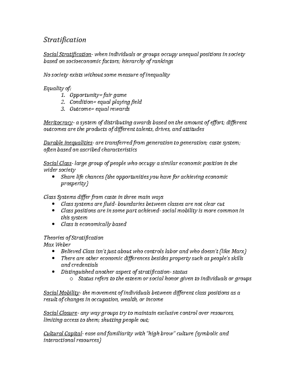 Stratification - Lecture notes 1 - Stratification Social Stratification ...