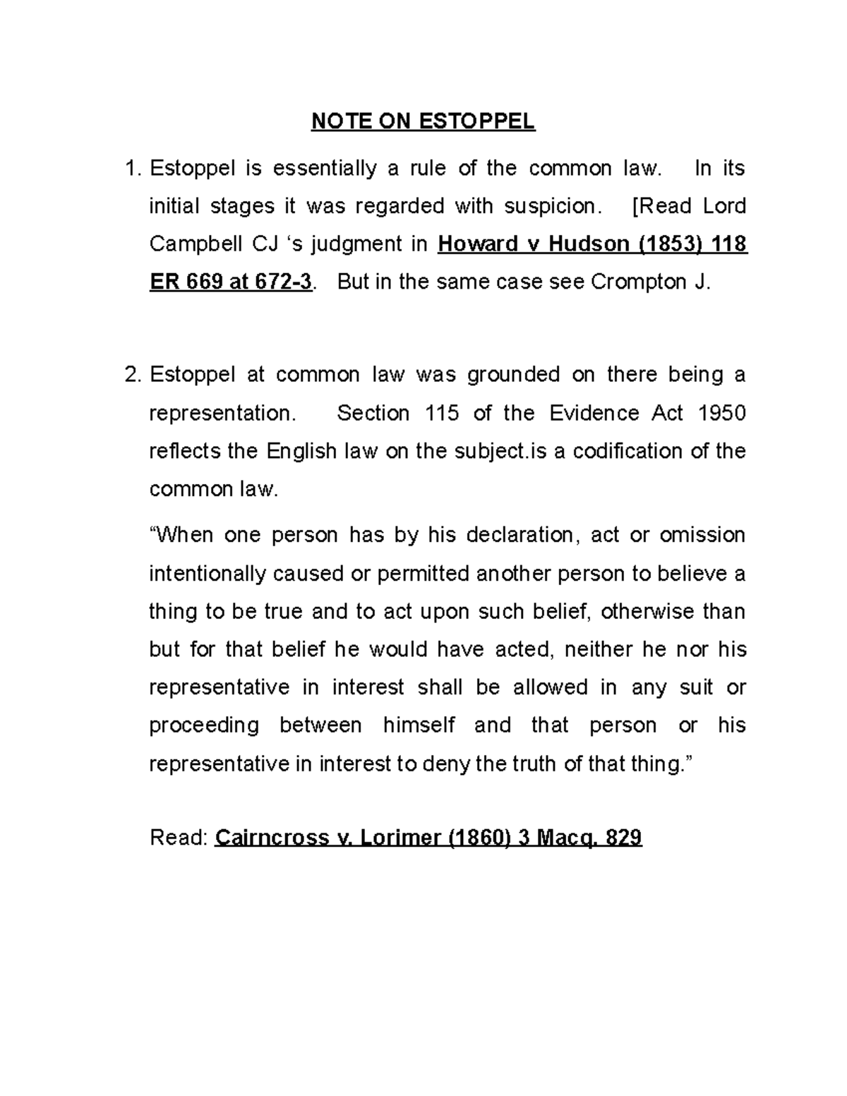 notes on estoppel (equity and trust) - NOTE ON ESTOPPEL Estoppel is ...