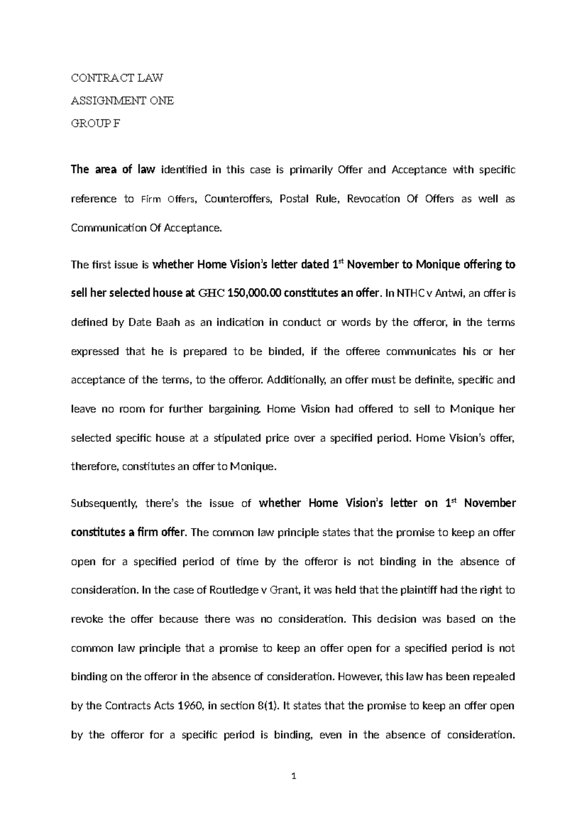 Assignment- Offer and acceptance - CONTRACT LAW ASSIGNMENT ONE GROUP F The area of law ...