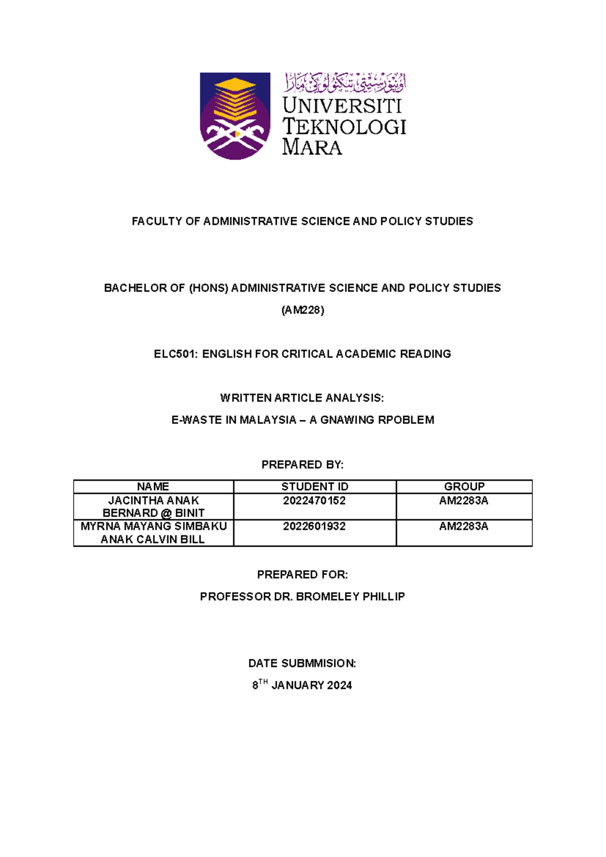 ELC501 Article Analysis on E-waste in Malaysia - FACULTY OF ...