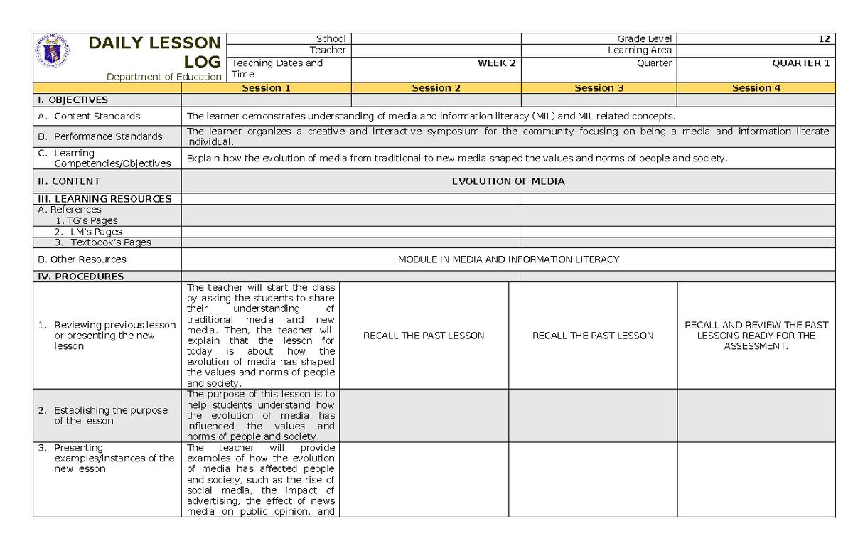 Dll MIL Quarter 1 WEEK 2 - DAILY LESSON LOG Department of Education School Grade Level 12 ...