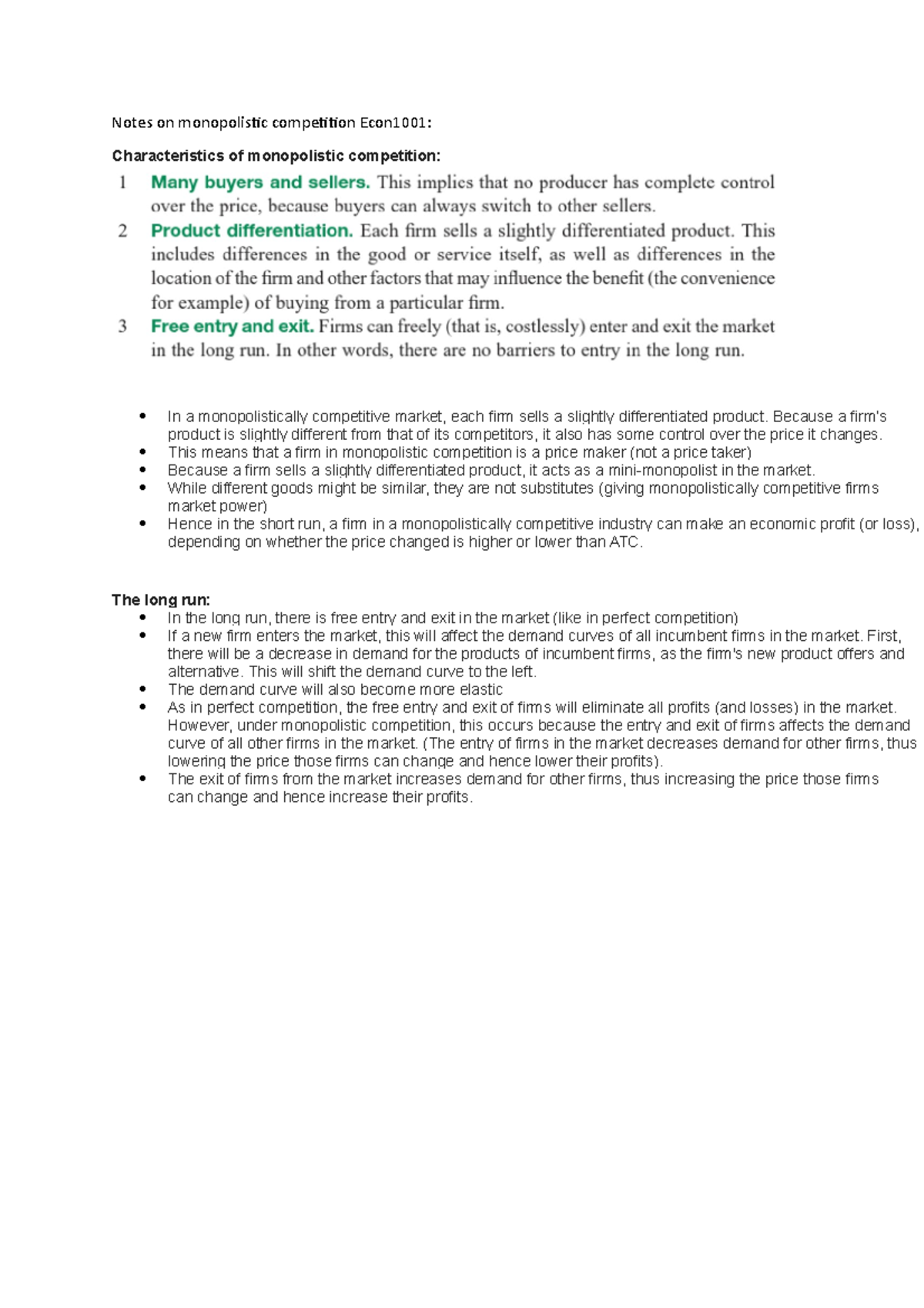 Notes on monopolistic competition Econ1001 - Notes on monopolistic ...