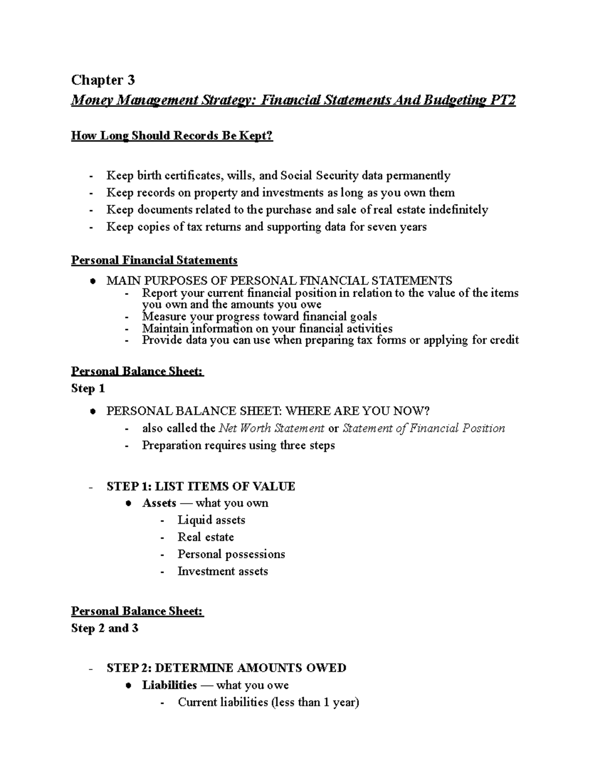 Chapter 3 Money Management Strategy Financial Statements And Budgeting ...
