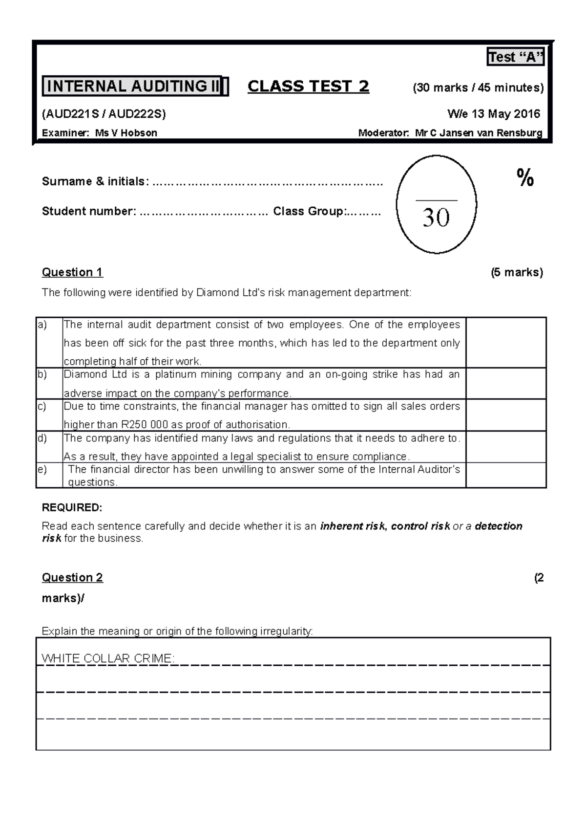 Auditing 2 CT2B (moderated) - Test “A” INTERNAL AUDITING II CLASS TEST ...