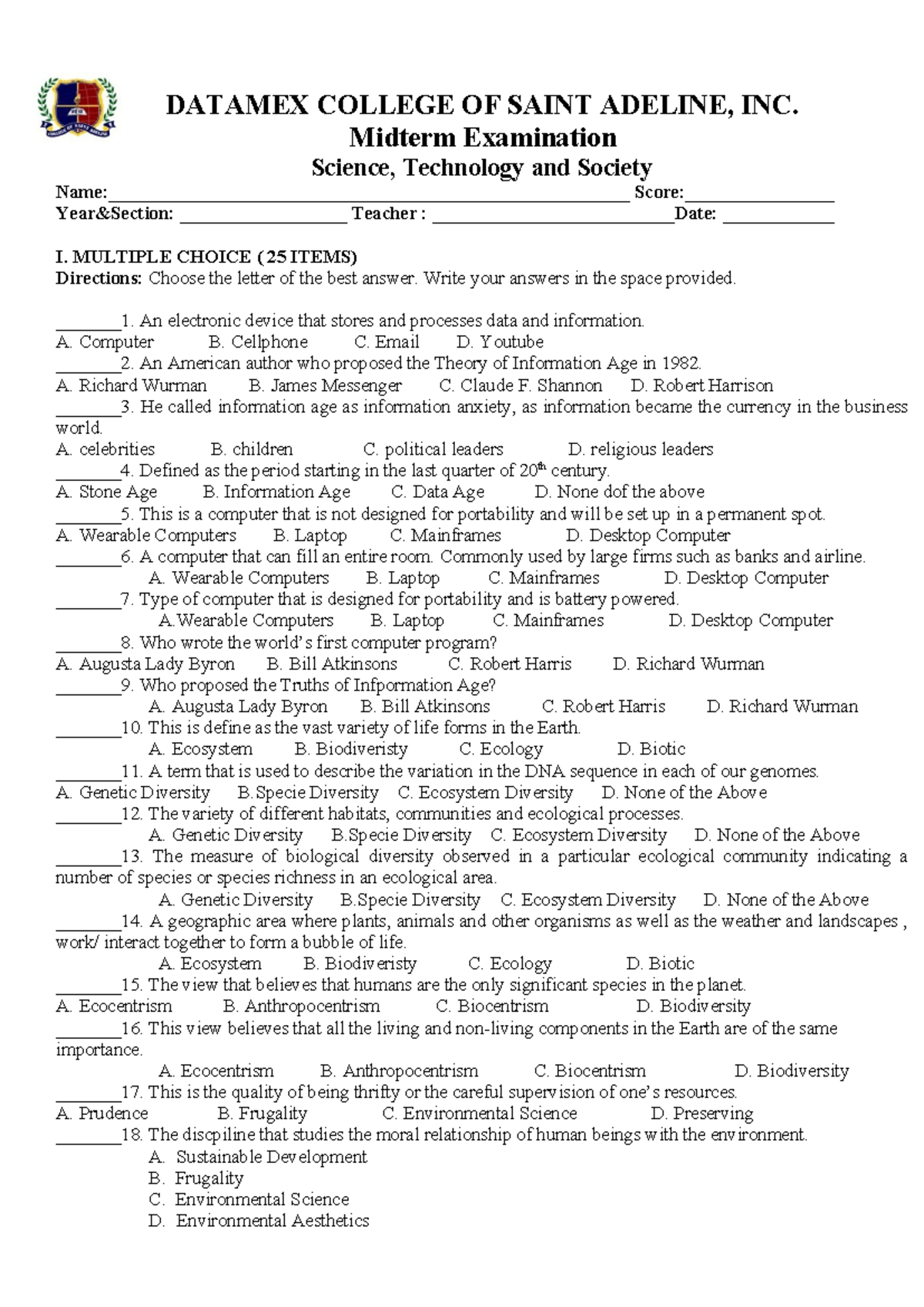 STS- Prefinal-EXAM - PREFINAL EXAMINATION - DATAMEX COLLEGE OF SAINT ...