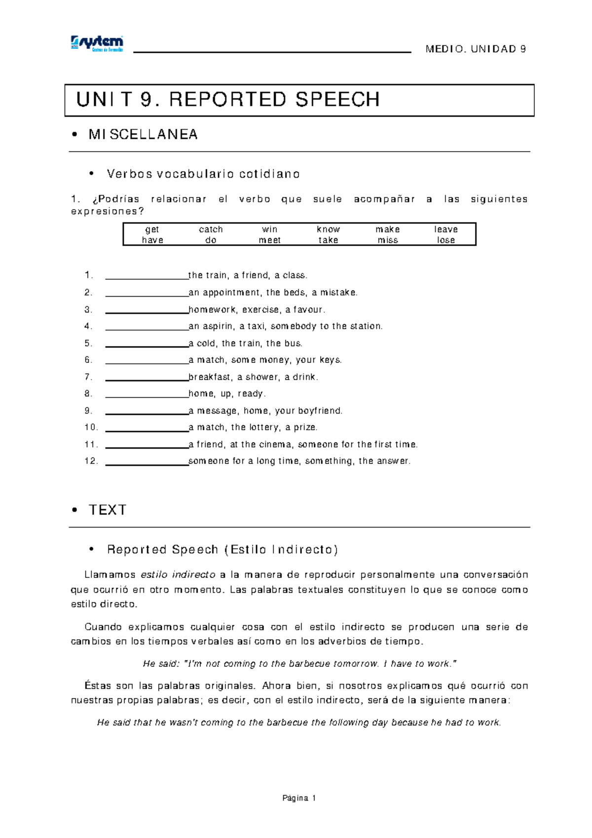 Unit 9 - lite ingles - UNIT 9. REPORTED SPEECH y MISCELLANEA y Verbos vocabulario cotidiano 1 ...