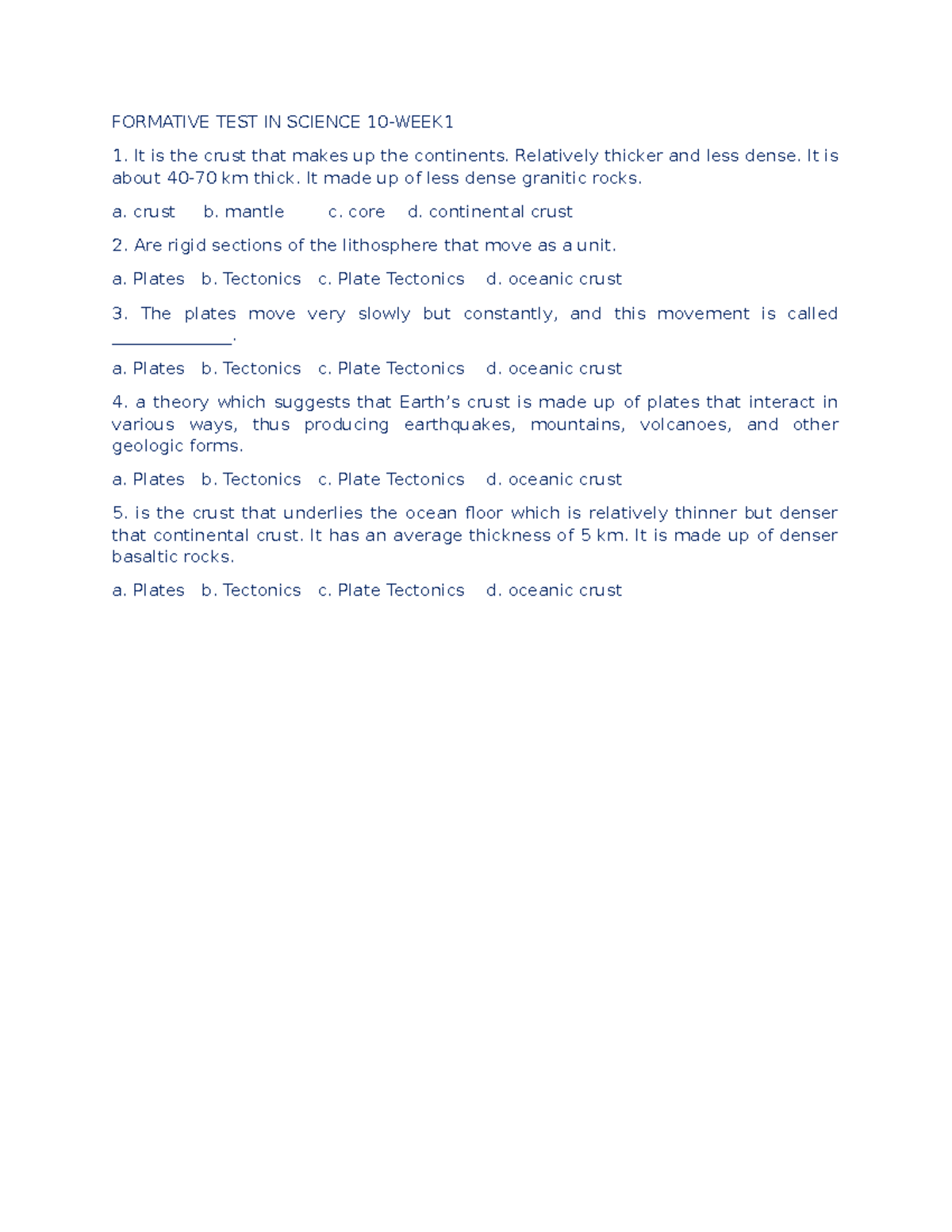 Formative TEST IN Science 10 - social sciences - StuDocu