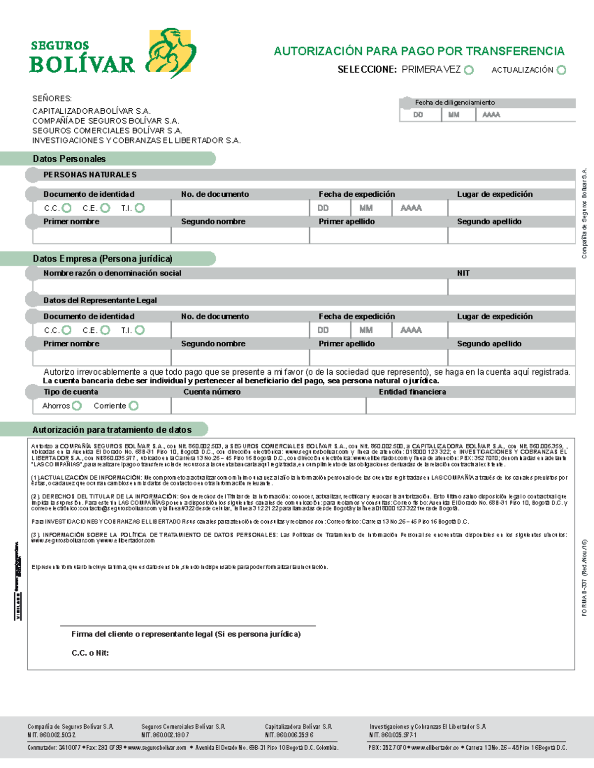 B-337 - AAAAAAAAA - AUTORIZACIÓN PARA PAGO POR TRANSFERENCIA Datos ...