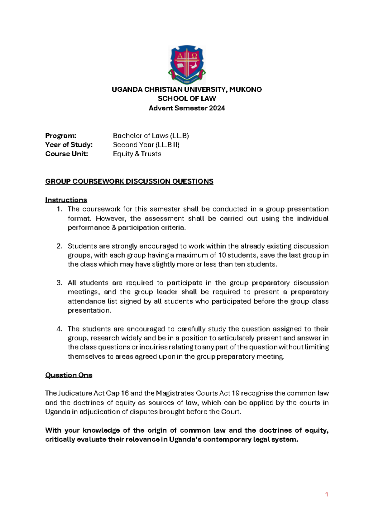 Group Presentation Coursework Questions - LL.B II (Streams A & B - Main ...