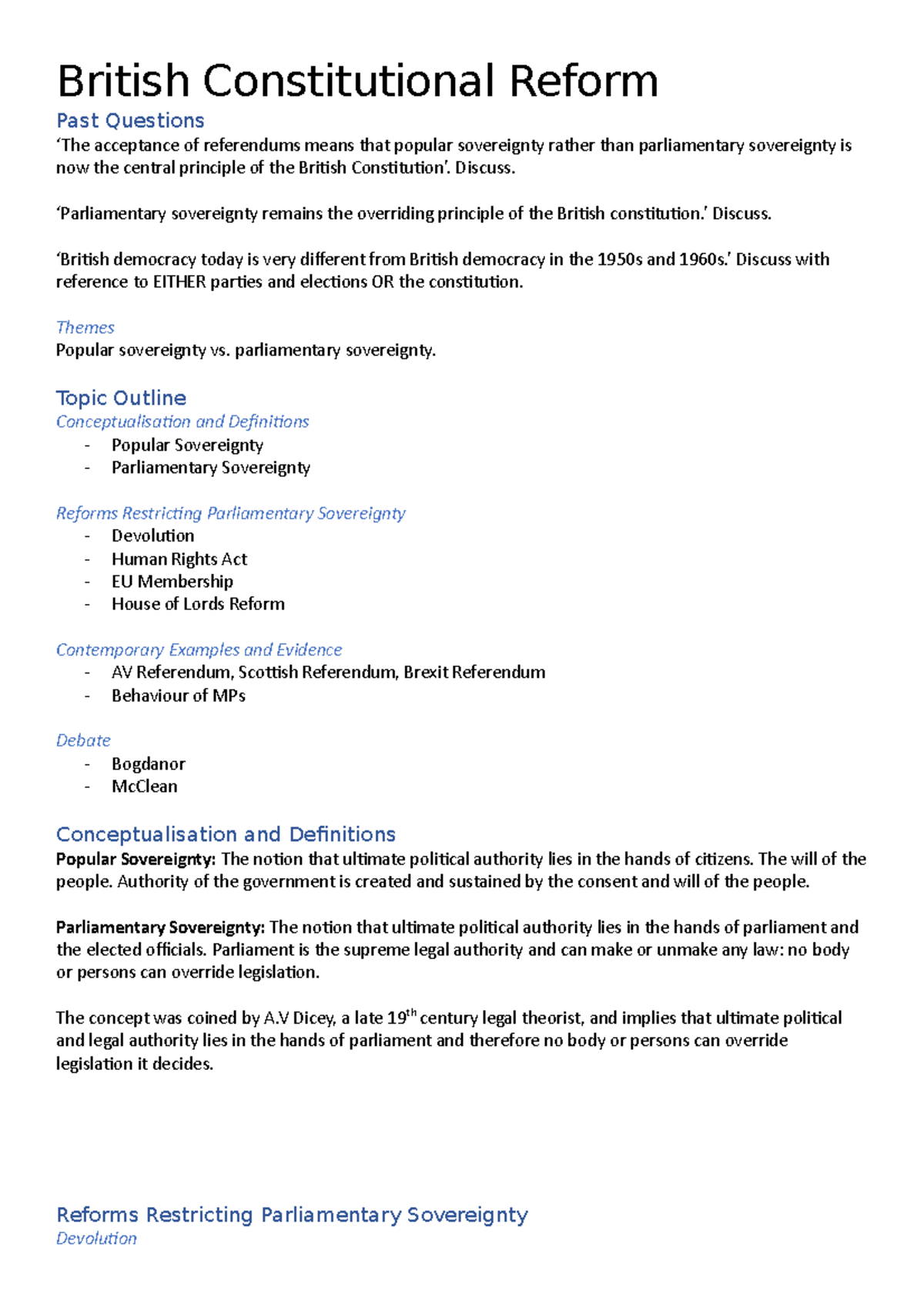 British Constitutional Reform - Discuss. ‘Parliamentary sovereignty ...