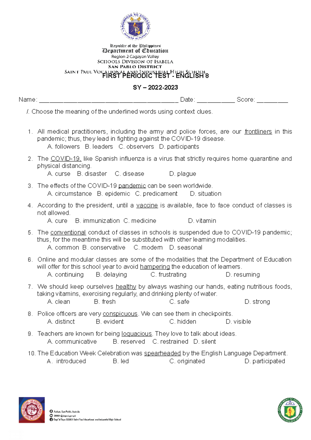 Periodic TEST in English 8 - FIRST PERIODIC TEST - ENGLISH 8 SY – 2022 ...