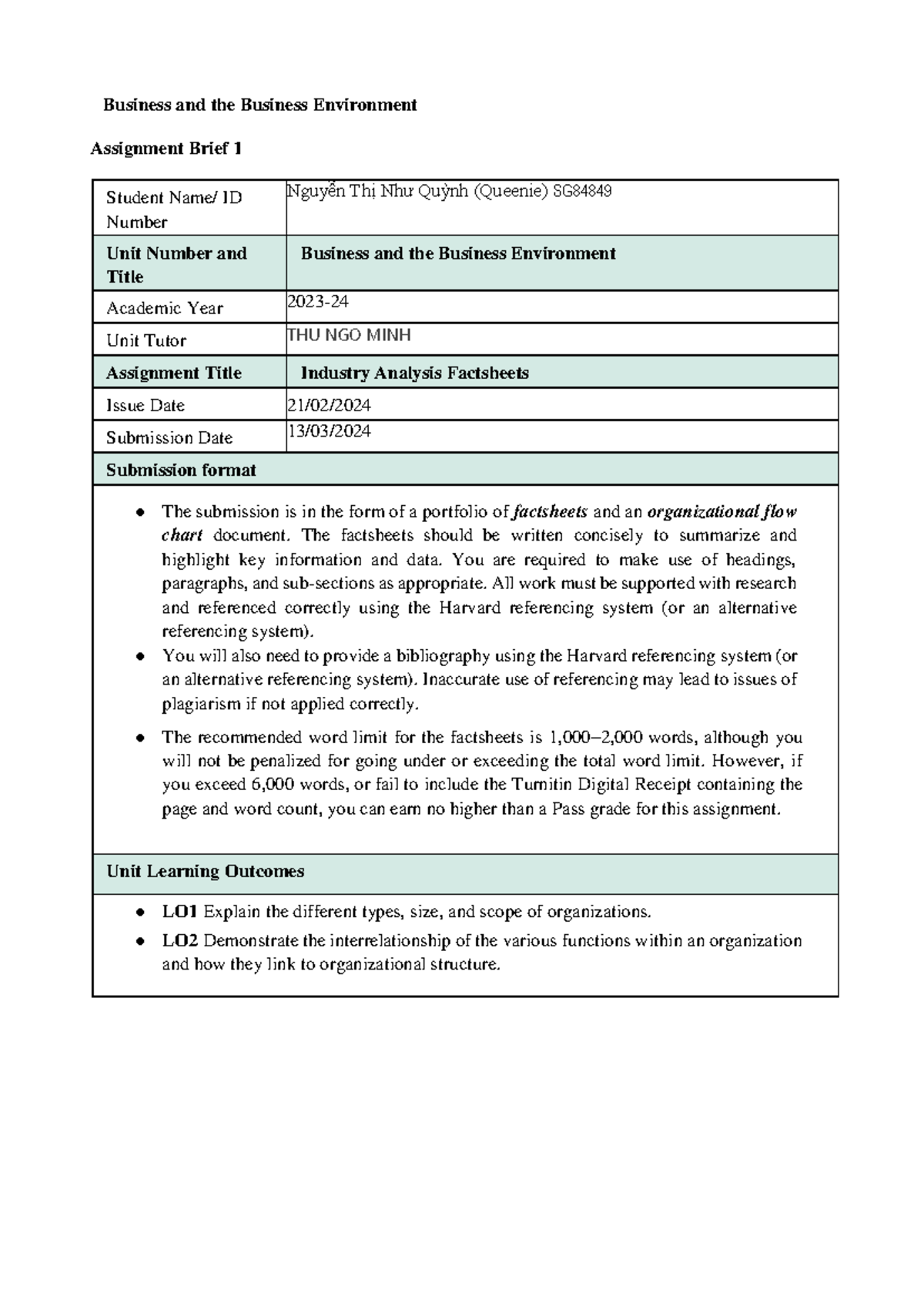 Assignment 01 - Business and the Business Environment Assignment Brief 1 Student Name/ ID Number ...