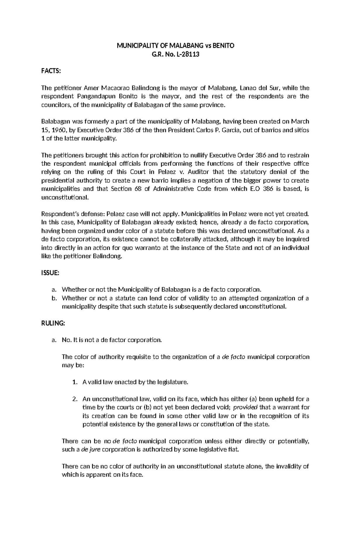 Municipality of Malabang vs Benito - MUNICIPALITY OF MALABANG vs BENITO ...