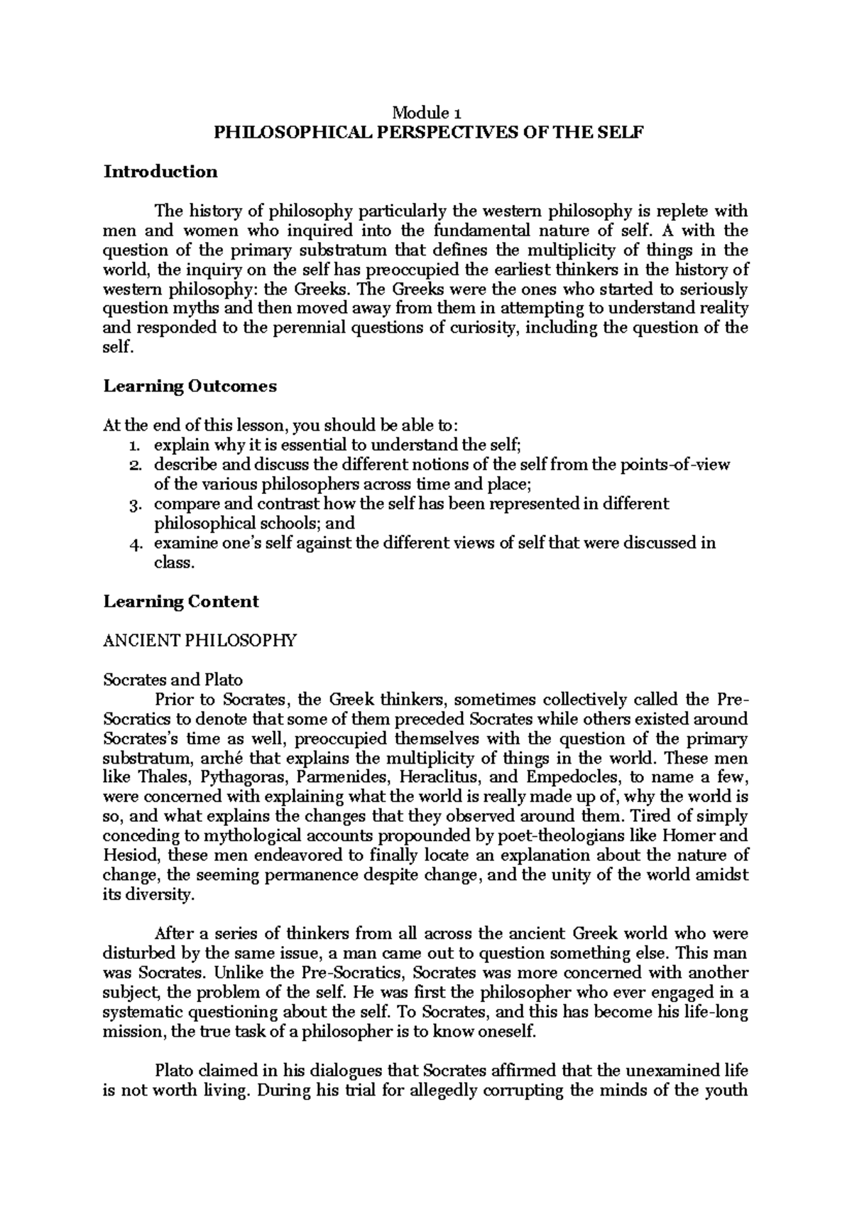 Module 1 - Module 1 PHILOSOPHICAL PERSPECTIVES OF THE SELF Introduction ...