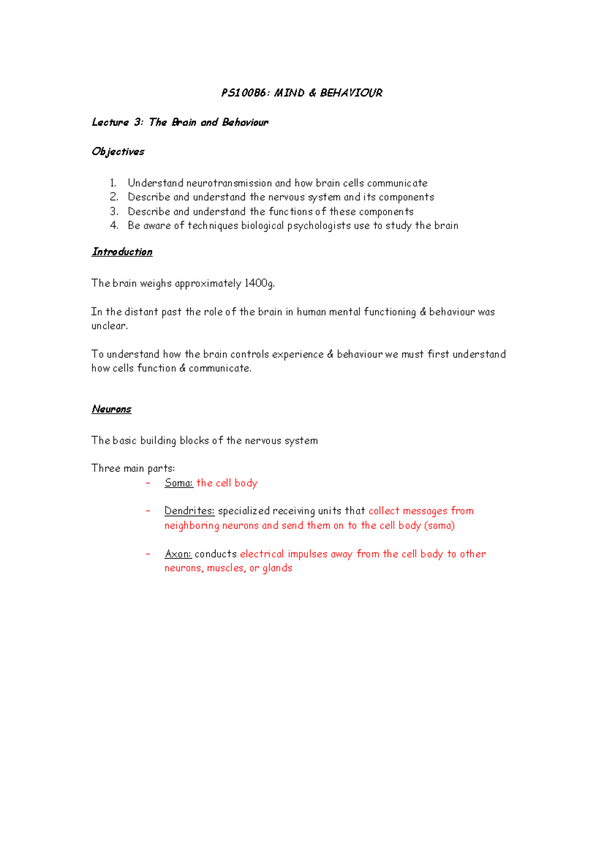 Lecture 3 Brain Behaviour Handout - PS10086: MIND & BEHAVIOUR Lecture 3: The Brain and - Studocu