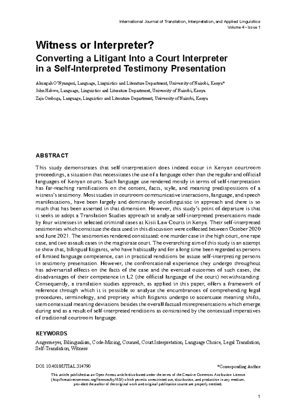 Witness or Interpreter. Pdf - DOI: 10/IJTIAL. Volume 4 • Issue 1 This ...