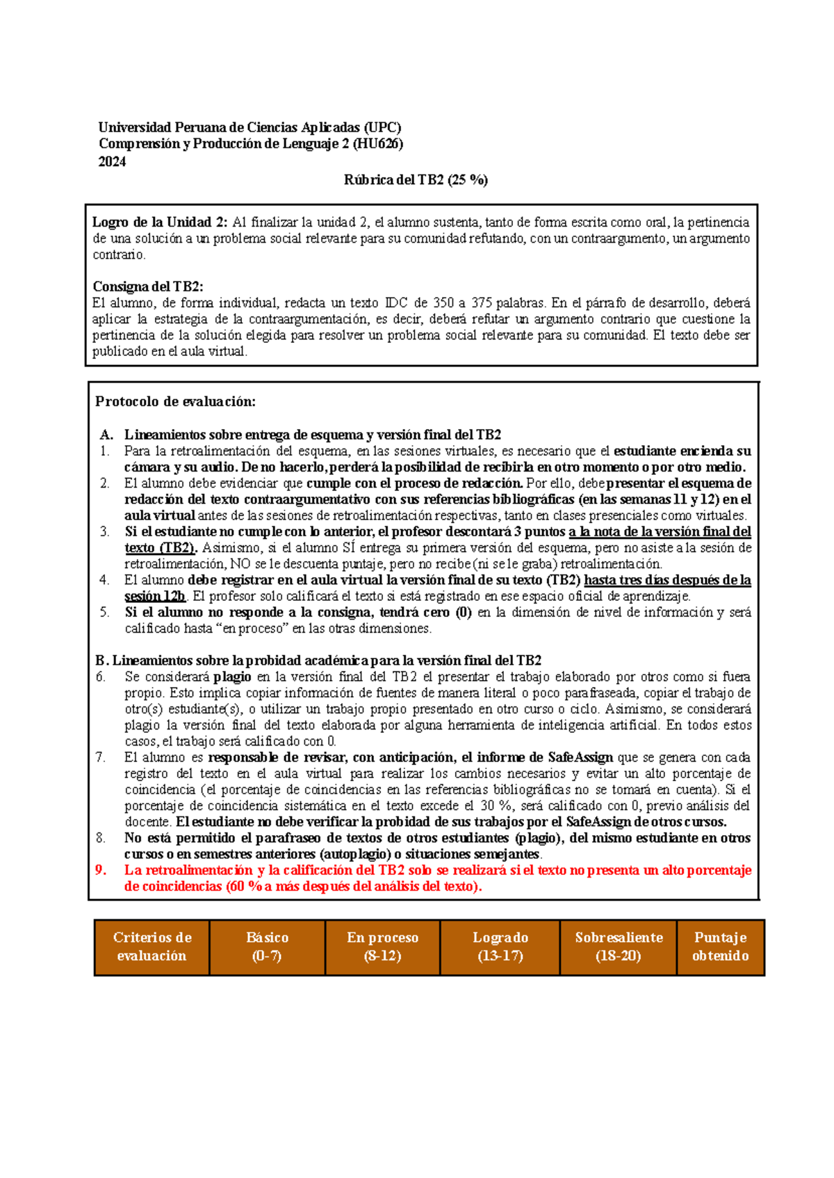 HU626 Consigna y rúbrica TB2 (25 ) 2024 - Universidad Peruana de Ciencias Aplicadas (UPC) - Studocu