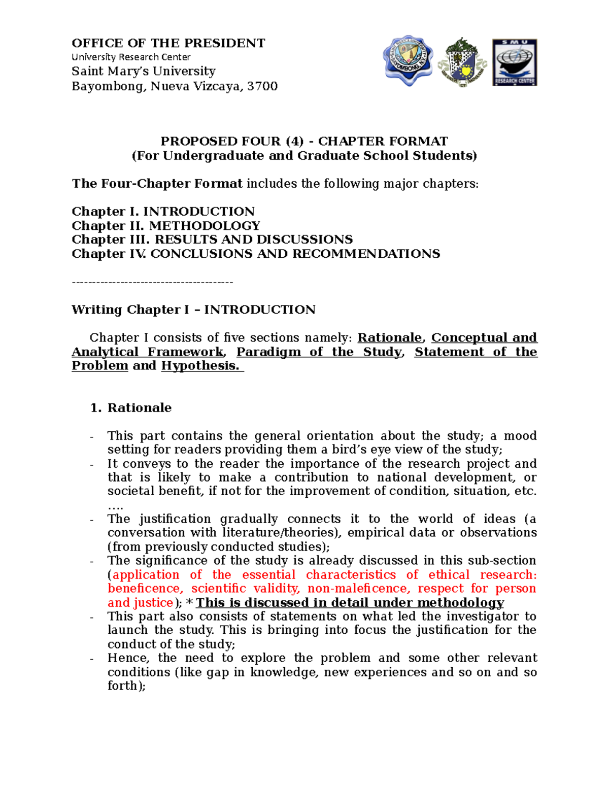 Proposed FOUR 4 Chapter Format For Undergraduate and Graduate Students ...