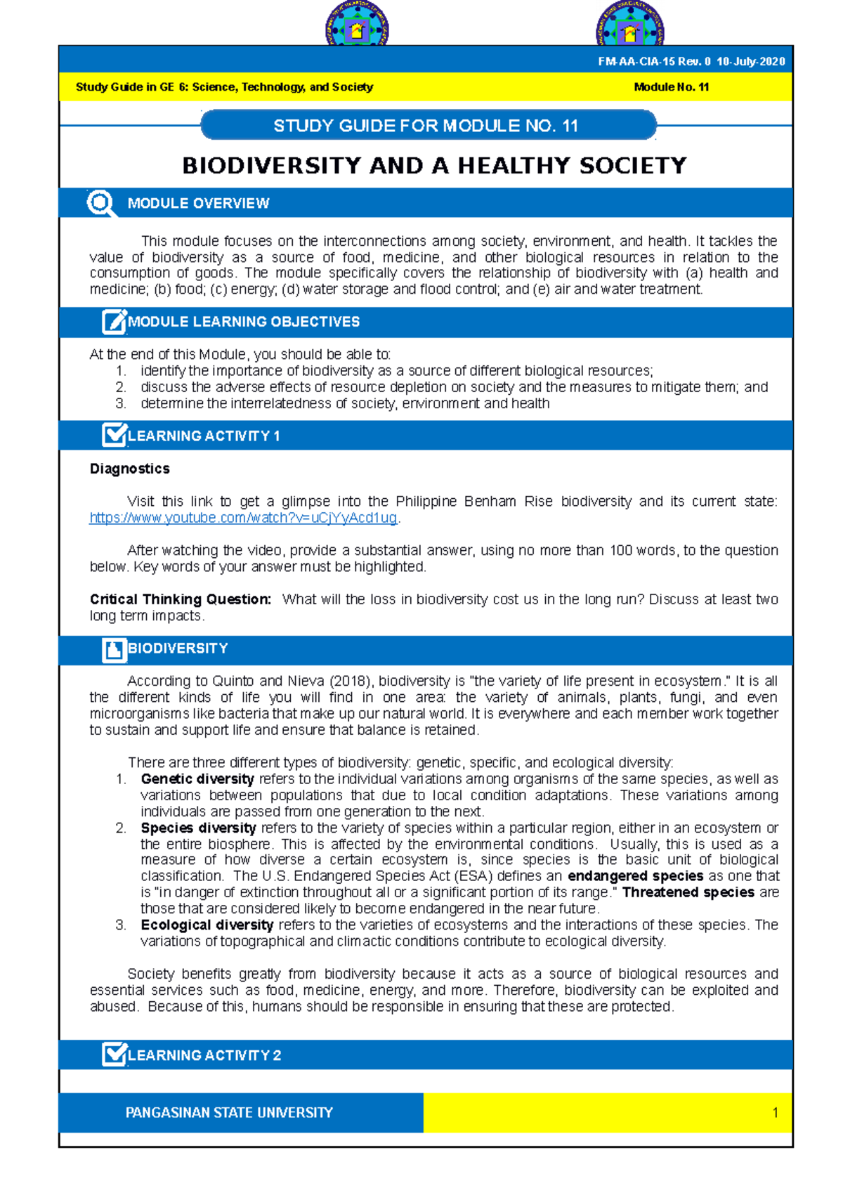 Study- Guide-11 - ..... - BIODIVERSITY AND A HEALTHY SOCIETY MODULE ...