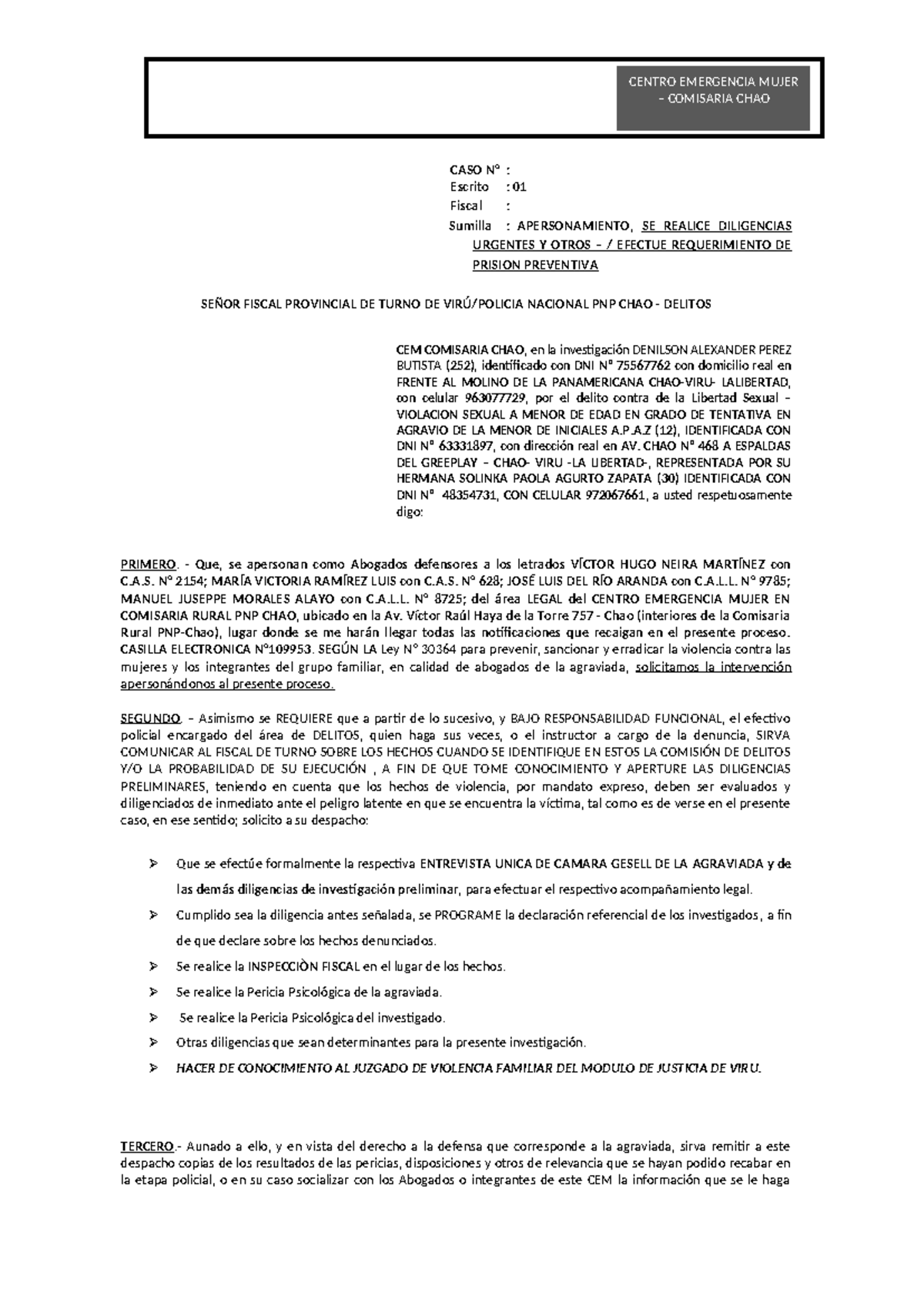 Apersonamiento Delitos VSL Alexandra Agurto Zapata - COMISARIA CHAO ...