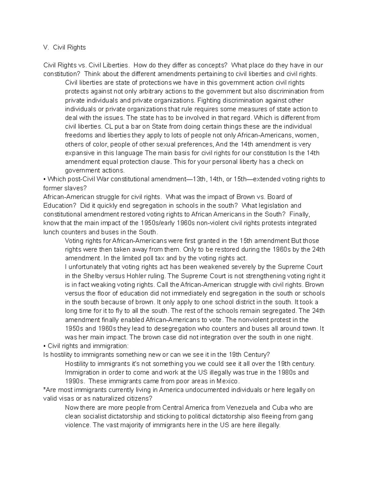 PLSI V. Civil Rights - Exam one study guide - V. Civil Rights Civil ...