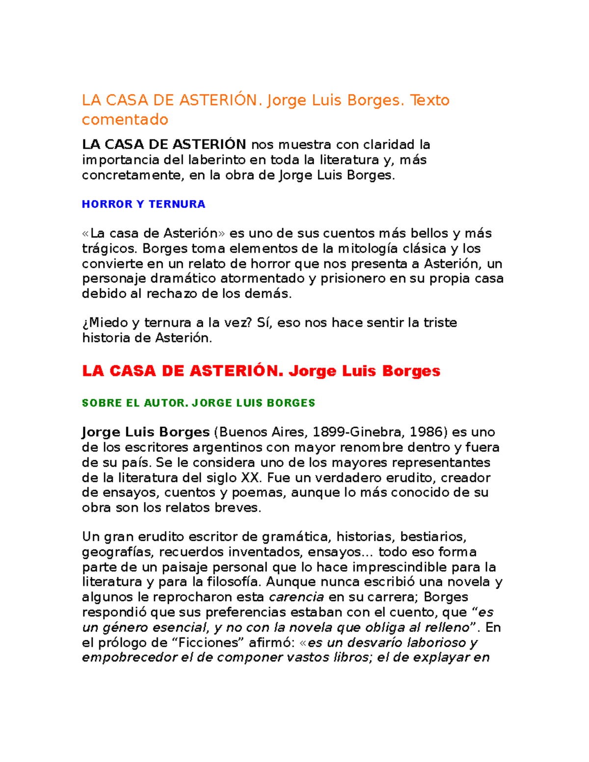 La casa de Asterión coment - LA CASA DE ASTERIÓN. Jorge Luis Borges. Texto comentado LA CASA DE ...