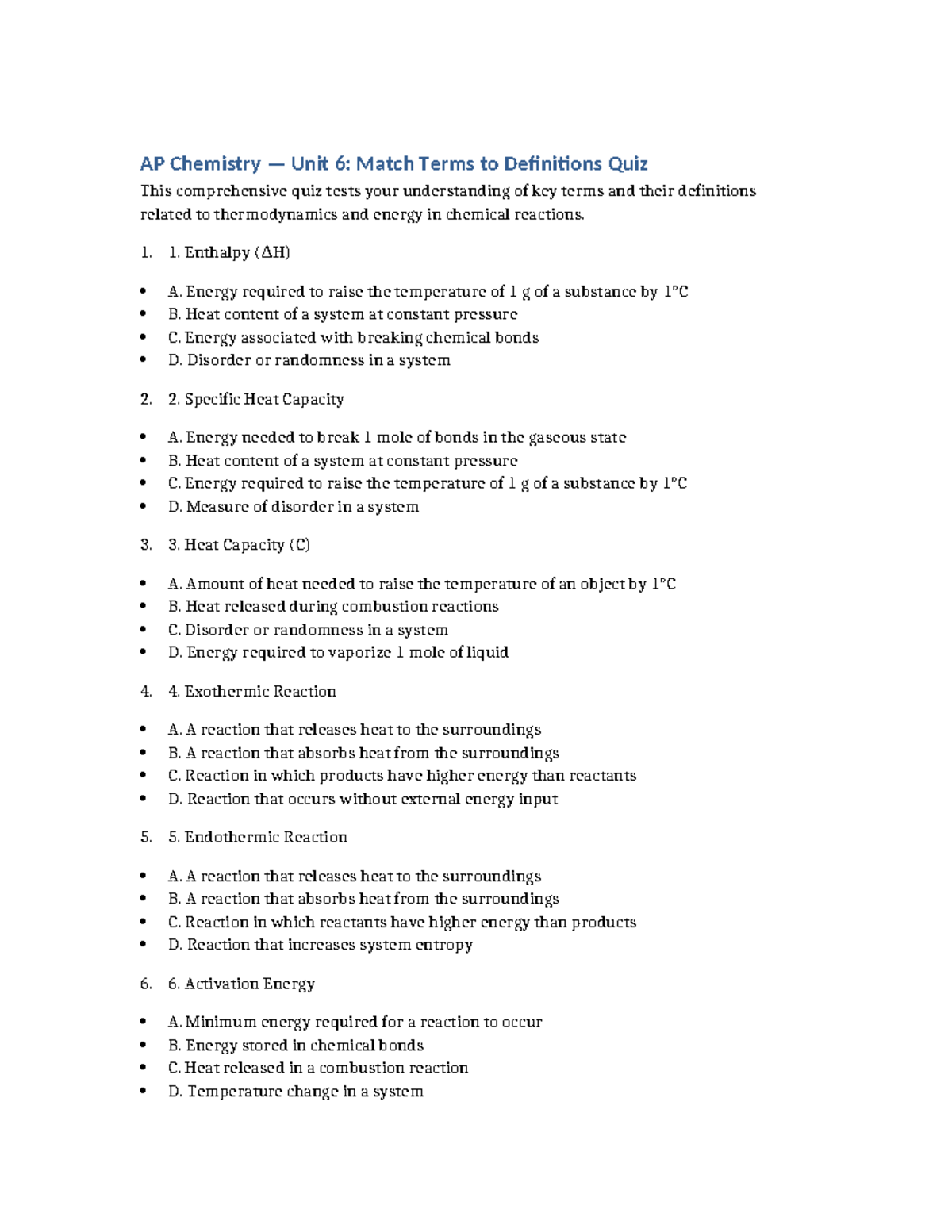 AP Chemistry Expanded Terms to Definitions Quiz - AP Chemistry — Unit 6 ...