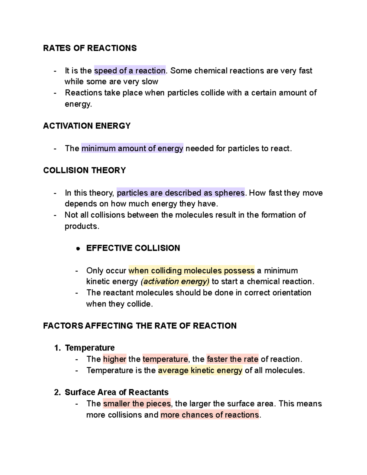Factors Affecting Rate of Reaction - RATES OF REACTIONS It is the speed ...