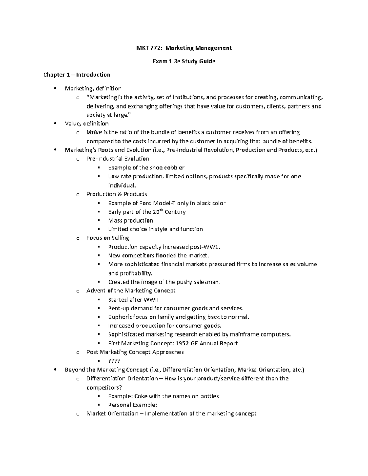 Exam 1 3e Study Guide Complete - MKT 772: Marketing Management Exam 1 ...