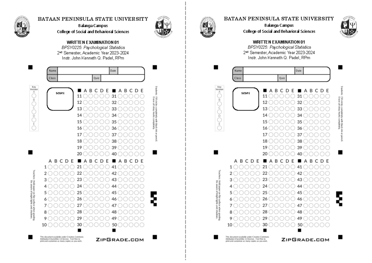 Answer Sheets 50 Items - notes - Statistical Analysis - BATAAN ...