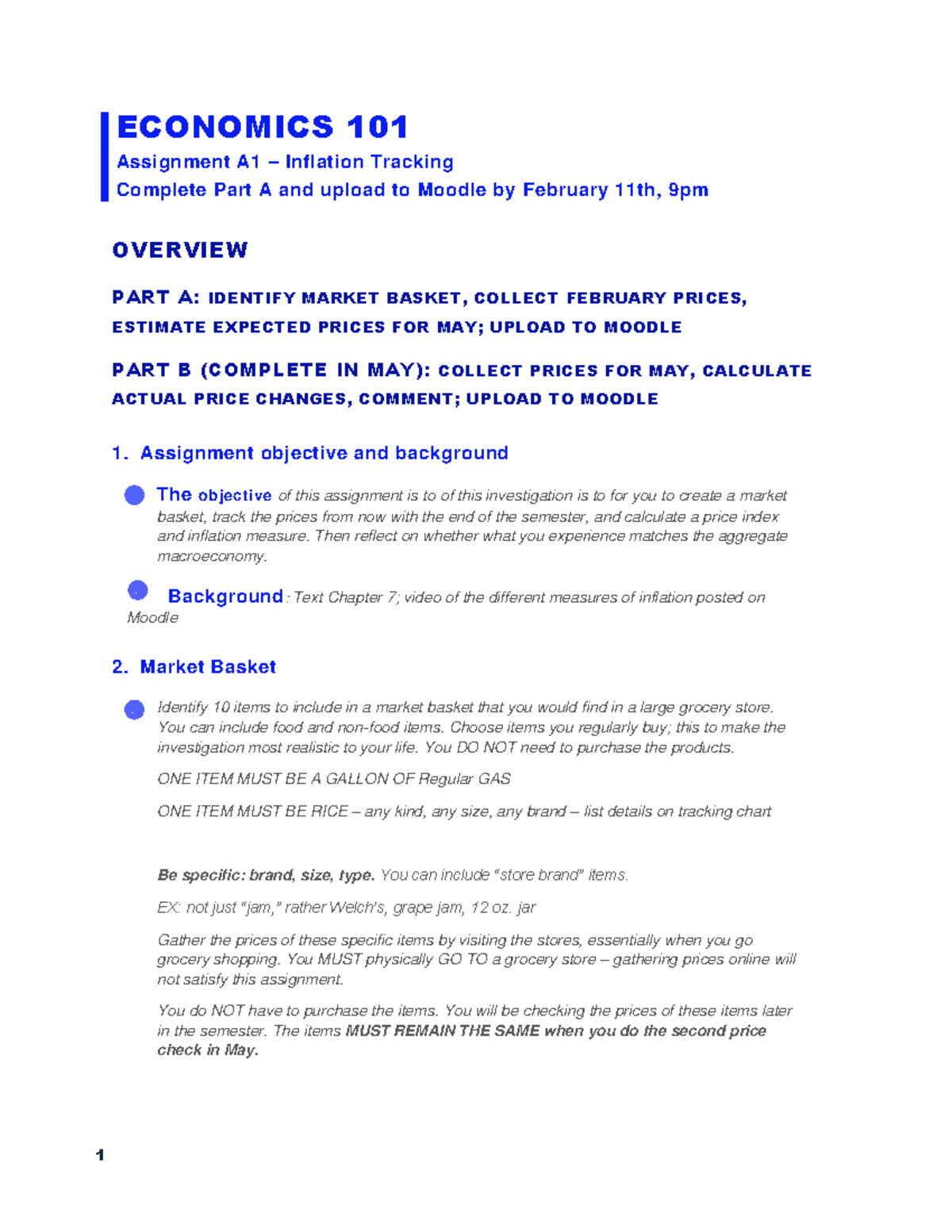 A1 Inflation PART A S24 - Assignment instructions - 1 ECONOMICS 101 Assignment A 1 – Inflation ...